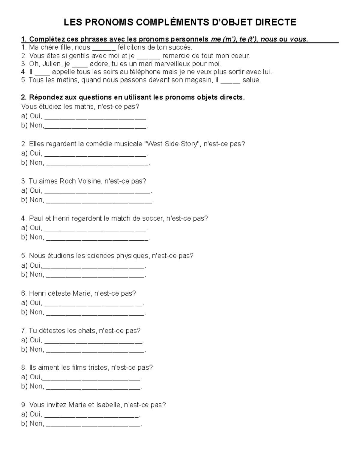 LES Pronoms COD EXER - LES PRONOMS COMPLÉMENTS D’OBJET DIRECTE 1 ...