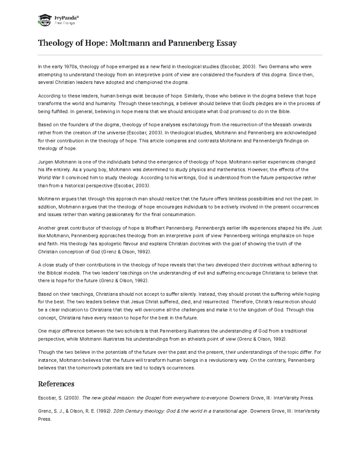 Theology of Hope Moltmann and Pannenberg - 540 Words Essay Example ...