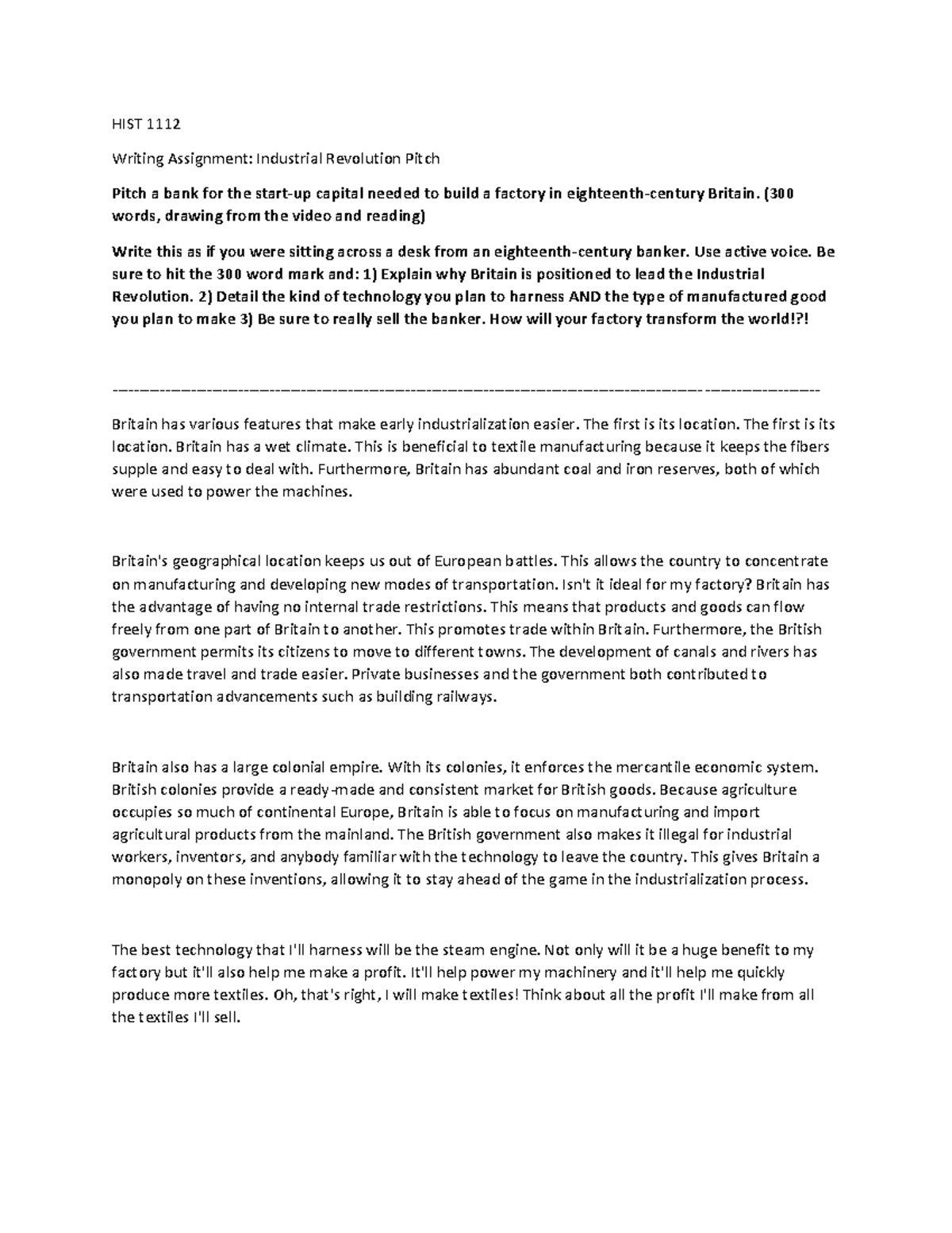 HIST 1112 Industrial Revolution Pitch - HIST 1112 Writing Assignment ...