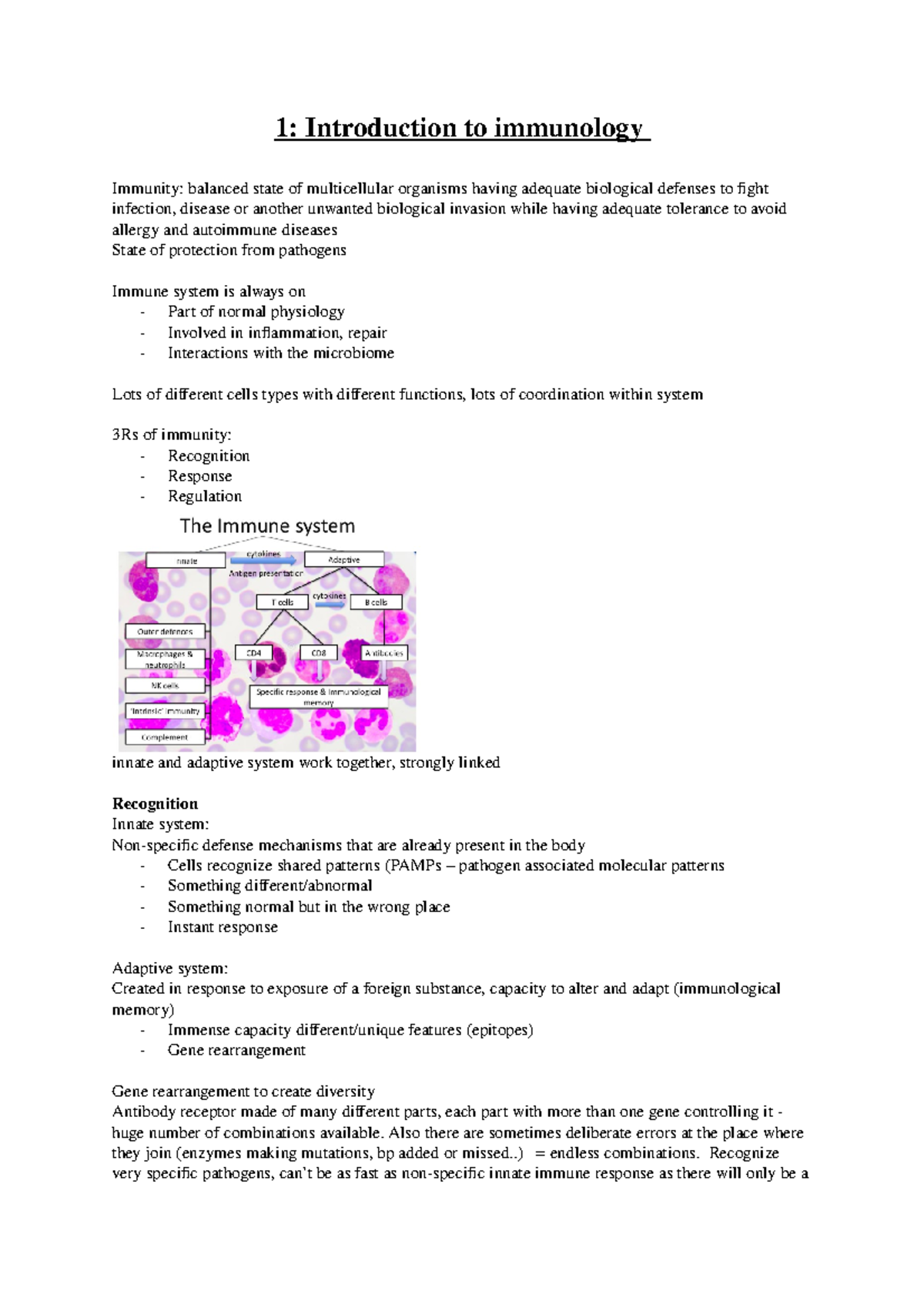 1 intro to immunology - Lecture notes 1 - 1: Introduction to immunology ...