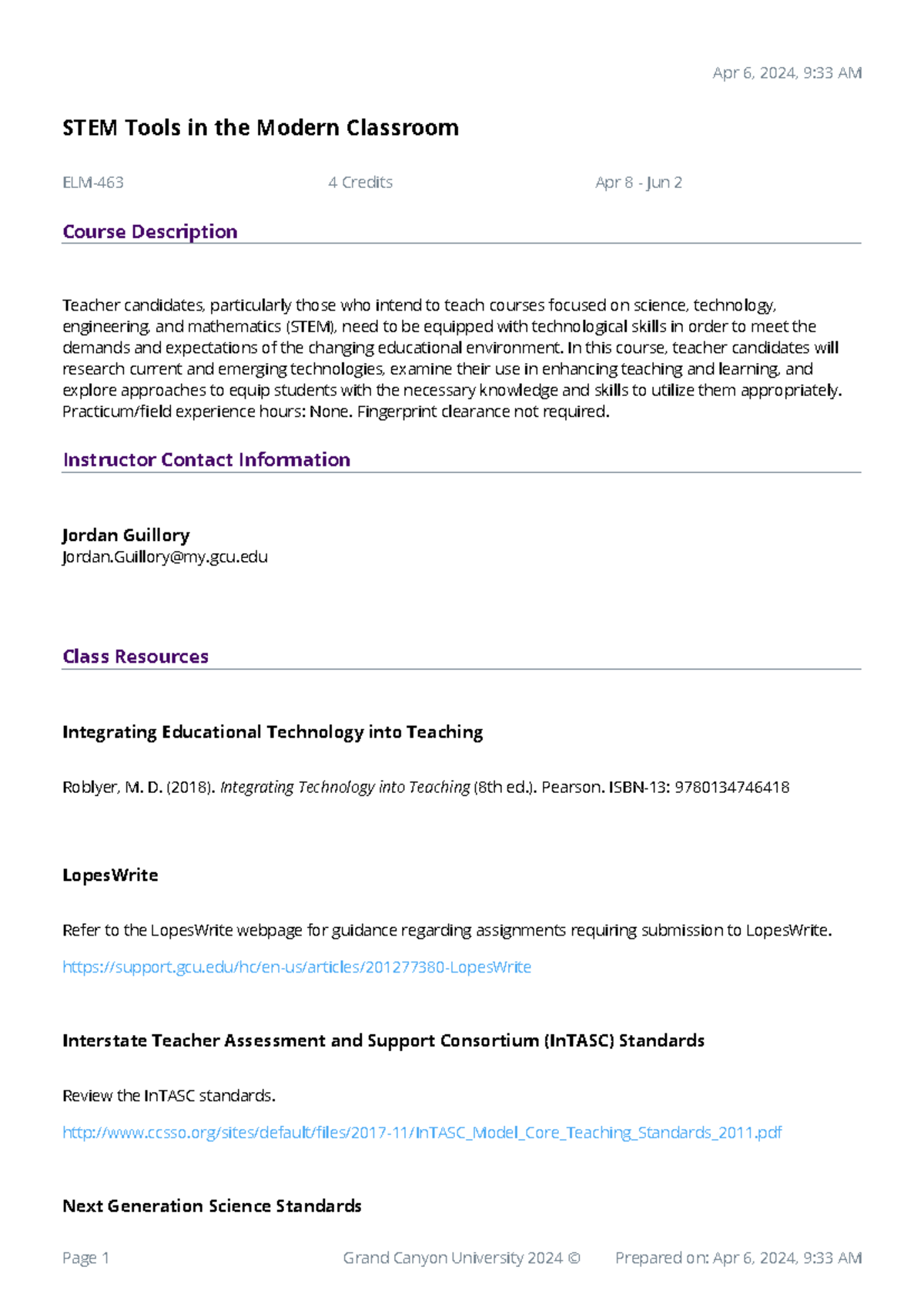Syllabus ELM-463-O500-20240408 - Apr 6, 2024, 9:33 AM STEM Tools in the Modern Classroom ELM-463 ...