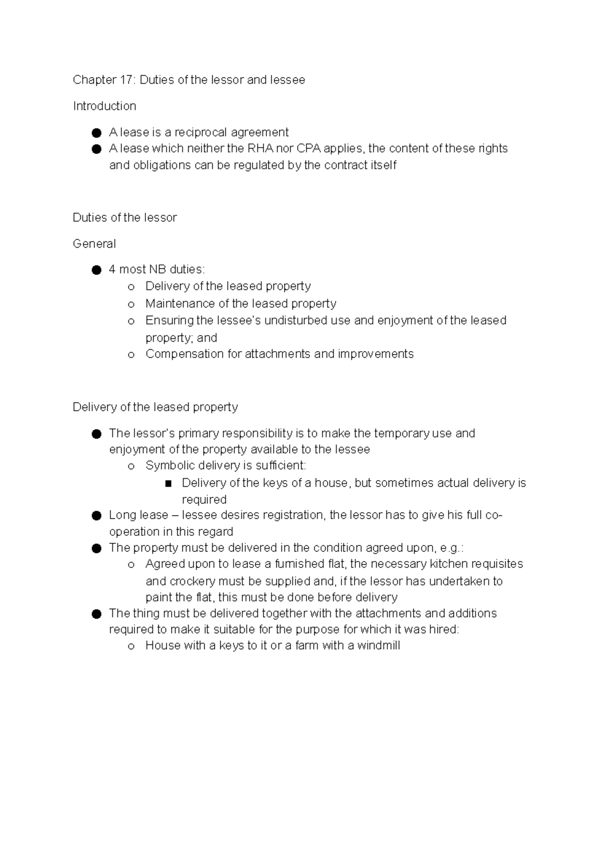 Chapter 17 KTH notes - Chapter 17: Duties of the lessor and lessee ...