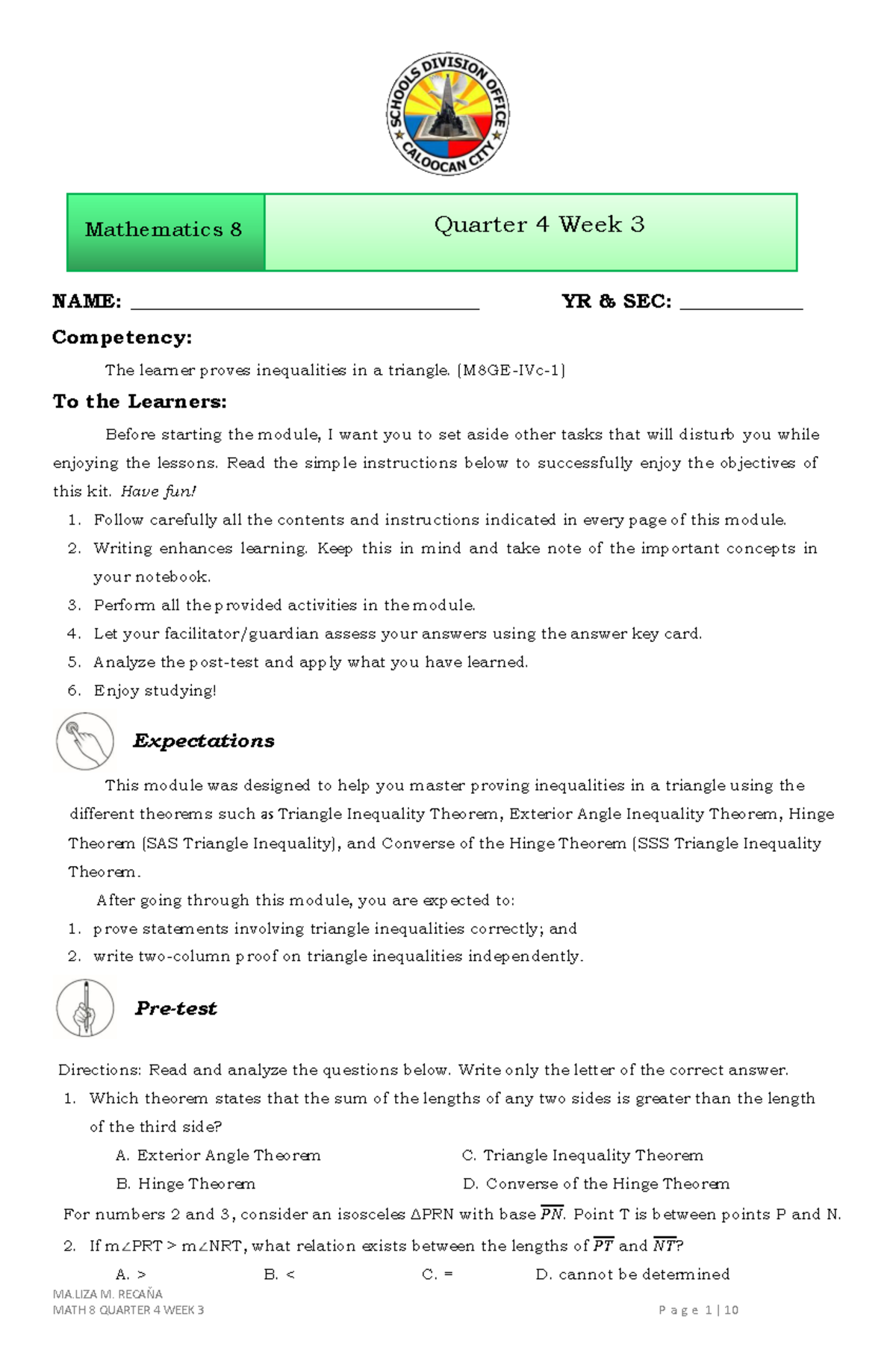 Mathematics on the Modern World and Technology - MA M. RECAŇA NAME ...