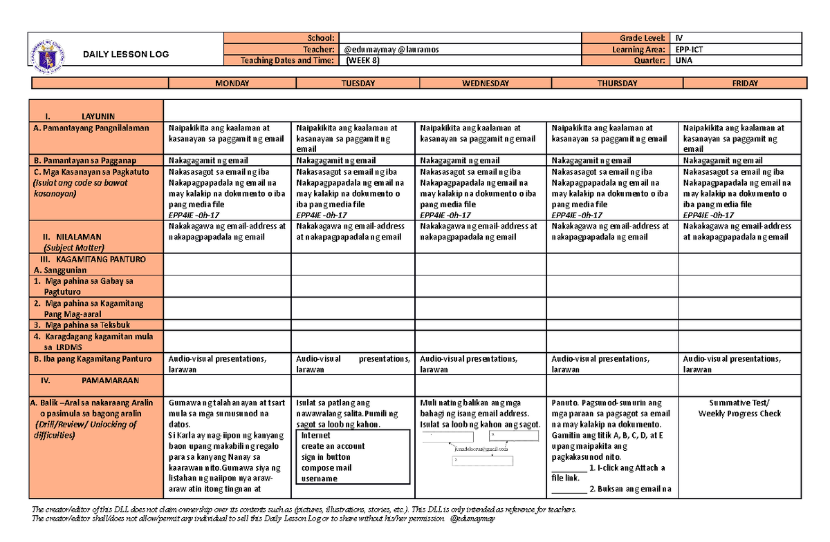 DLL EPP4 ICT W8 newedumaymay - DAILY LESSON LOG School: Grade Level: IV ...