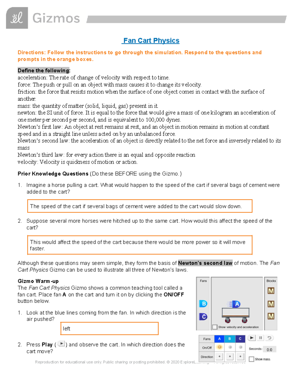 Fan Cart Physics - GIZMO - Fan Cart Physics Directions: Follow the ...