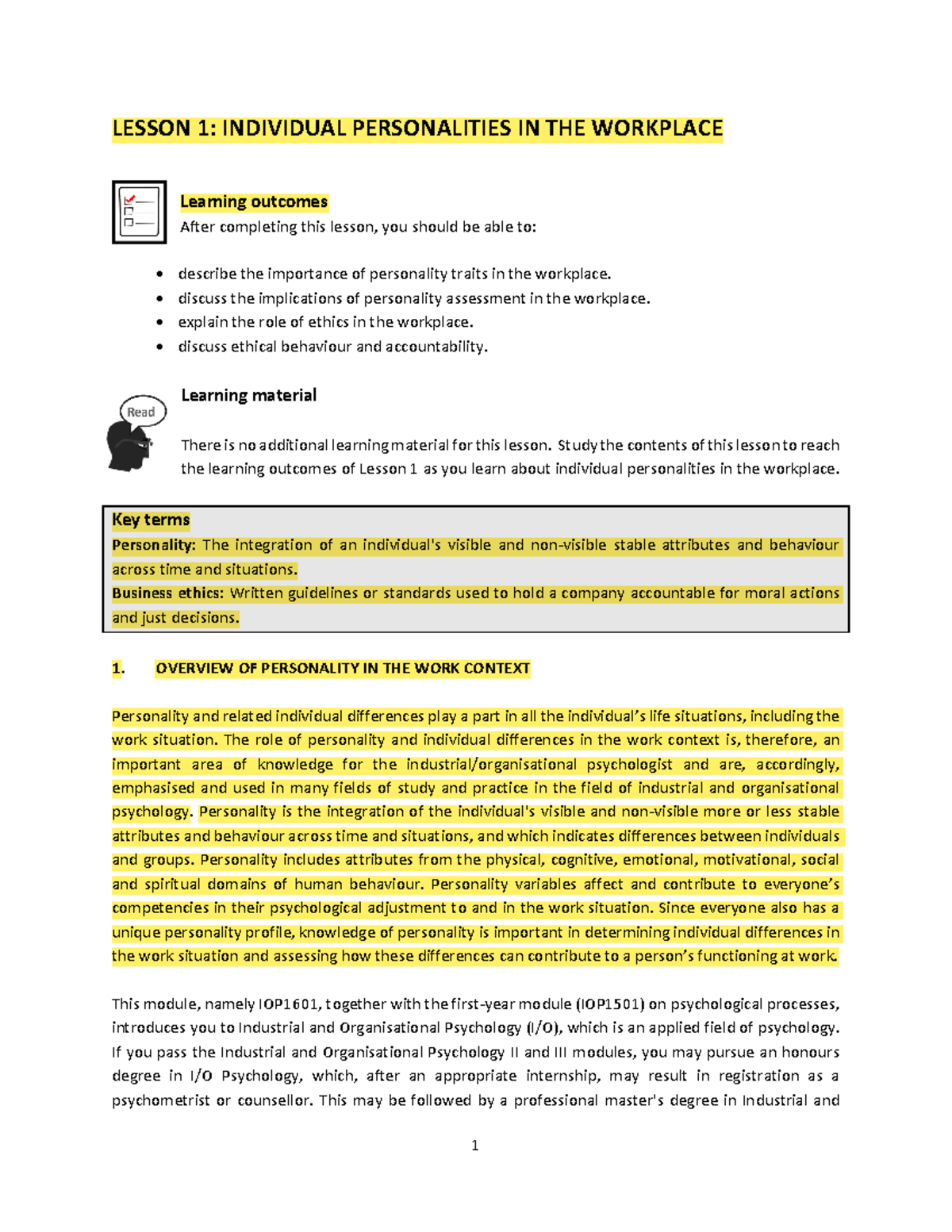 IOP1601 Lesson 1 2024 - LESSON 1: INDIVIDUAL PERSONALITIES IN THE ...