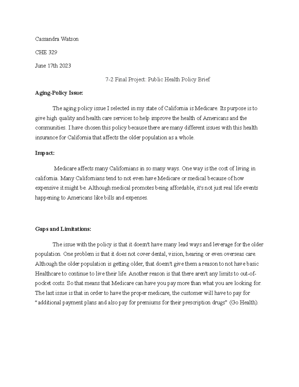 CHE 329 7-2 Final Project Public Health Policy Brief - Cassandra Watson ...