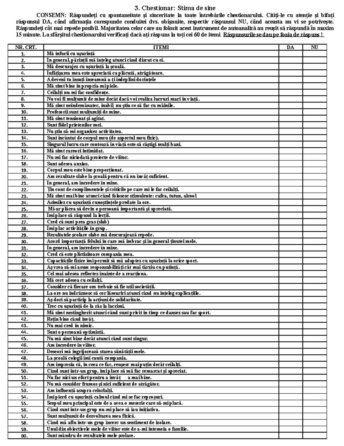 3 Chestionar Stima de sine - Chestionar: Stima de sine CONSEMN ...