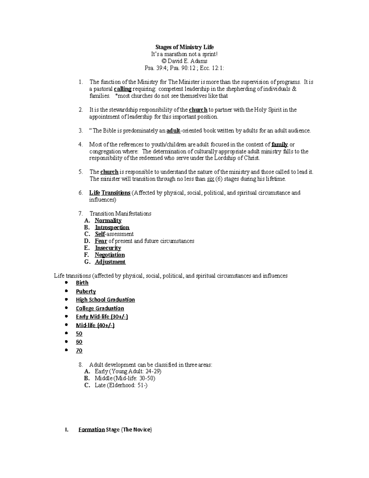 Stages of Ministry Notes - PLED 350 - Stages of Ministry Life It’s a ...