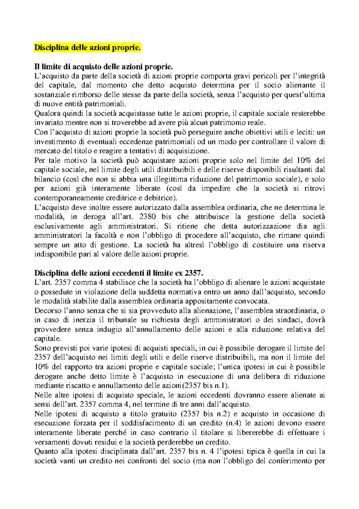 Disciplina delle azioni proprie - Il limite di acquisto delle azioni ...