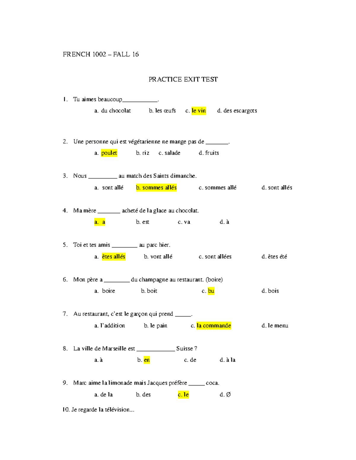 Practice exit test - answers - FRENCH 1002 – FALL 16 PRACTICE EXIT TEST ...