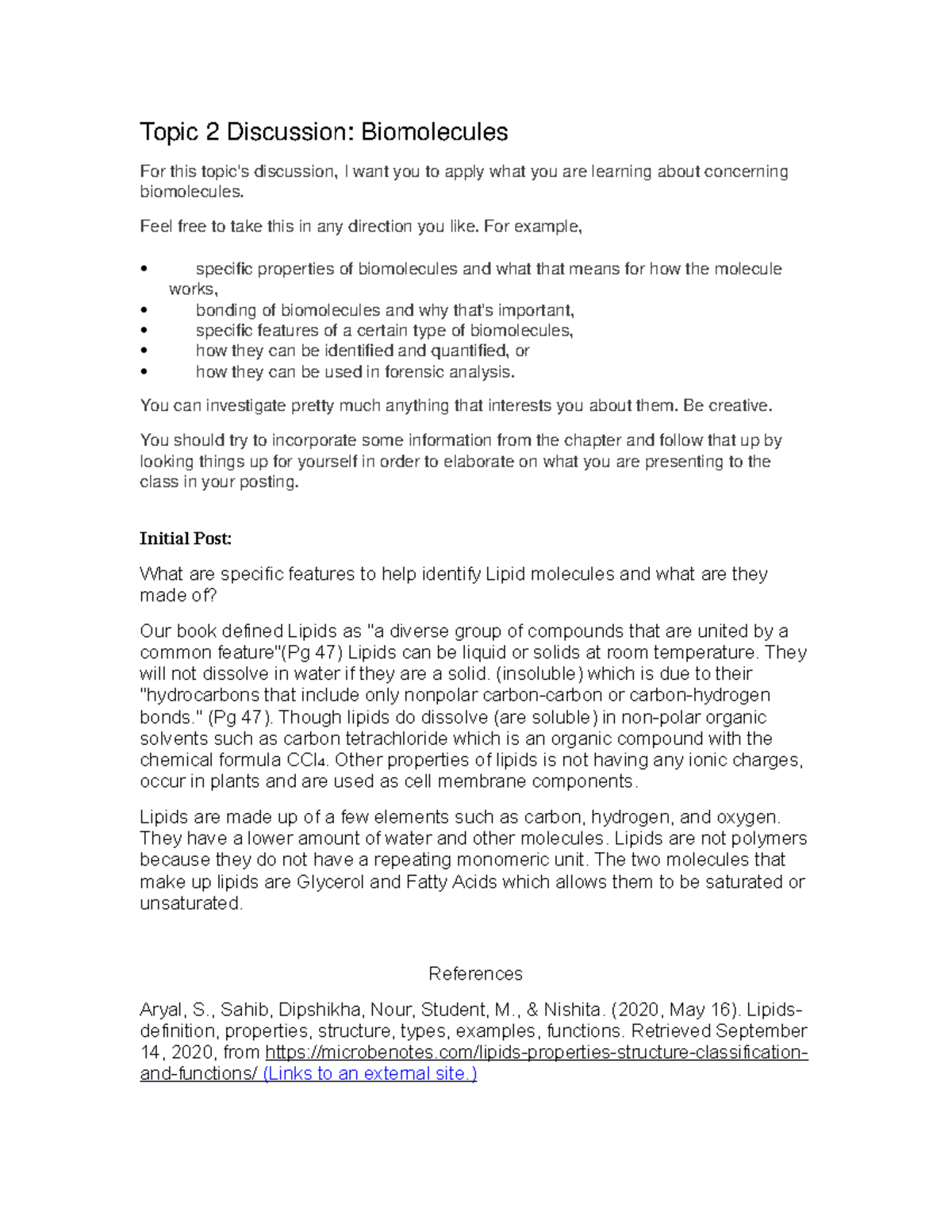 Topic 2 Discussion Biomolecules - Topic 2 Discussion: Biomolecules For ...
