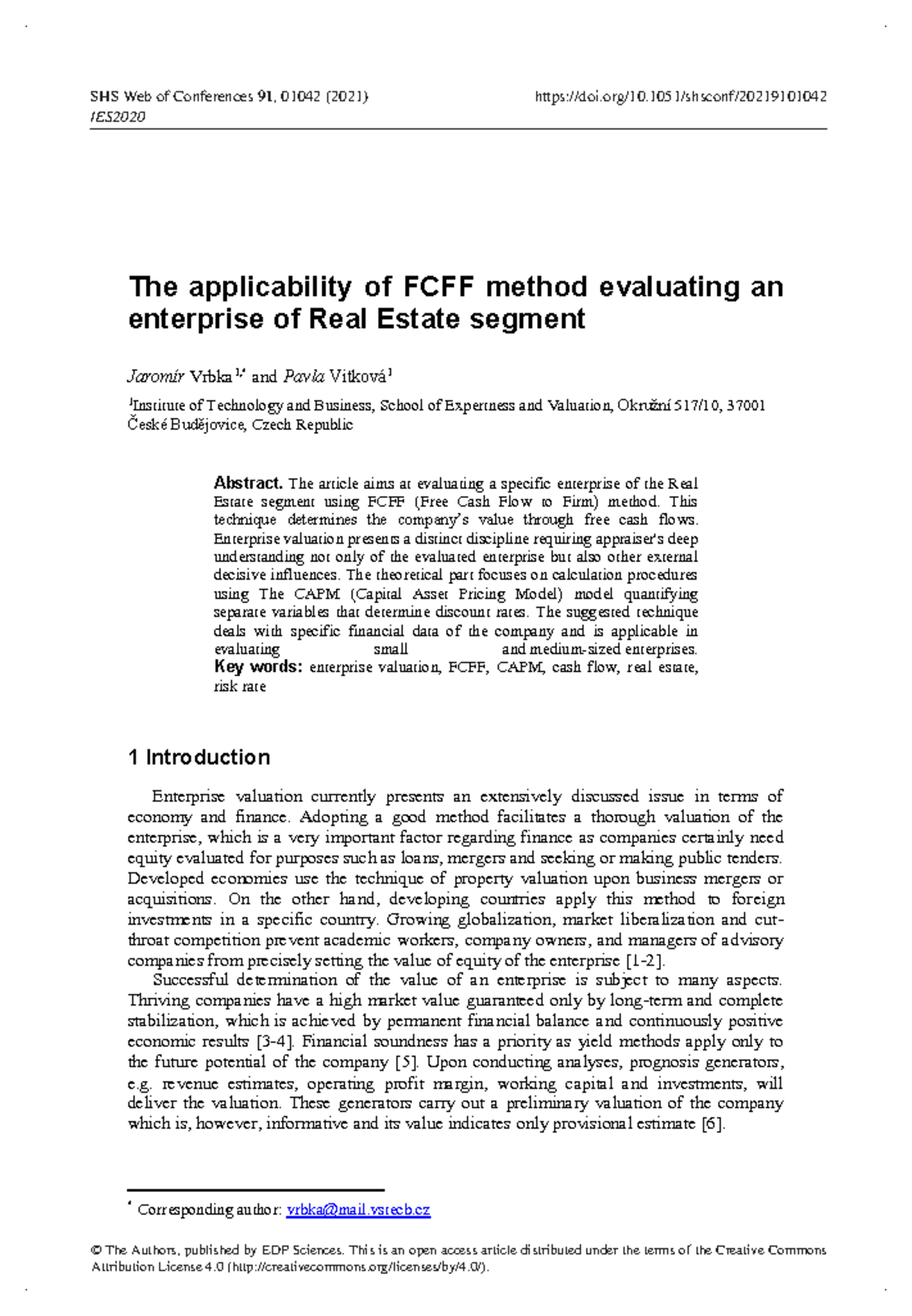 Shsconf ies2020 01042 - Study materials - The applicability of FCFF ...