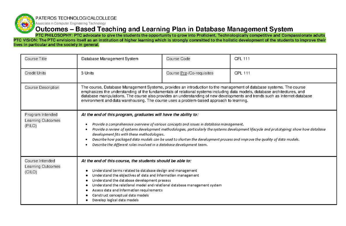 OBTL-Database Management System - PATEROS TECHNOLOGICALCOLLEGE ...