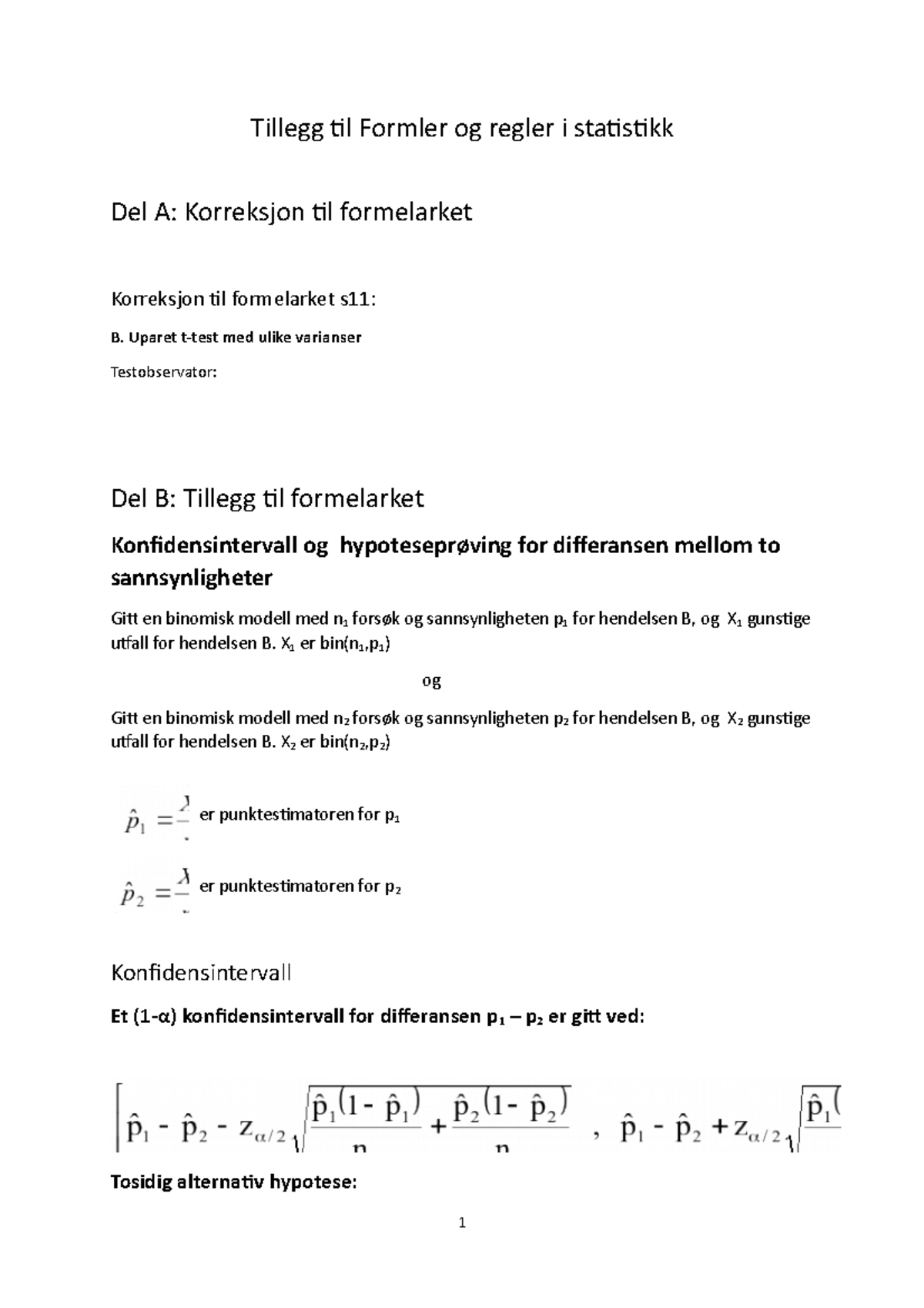 Formel ark i statistikk - STA1000 - USN - Studocu