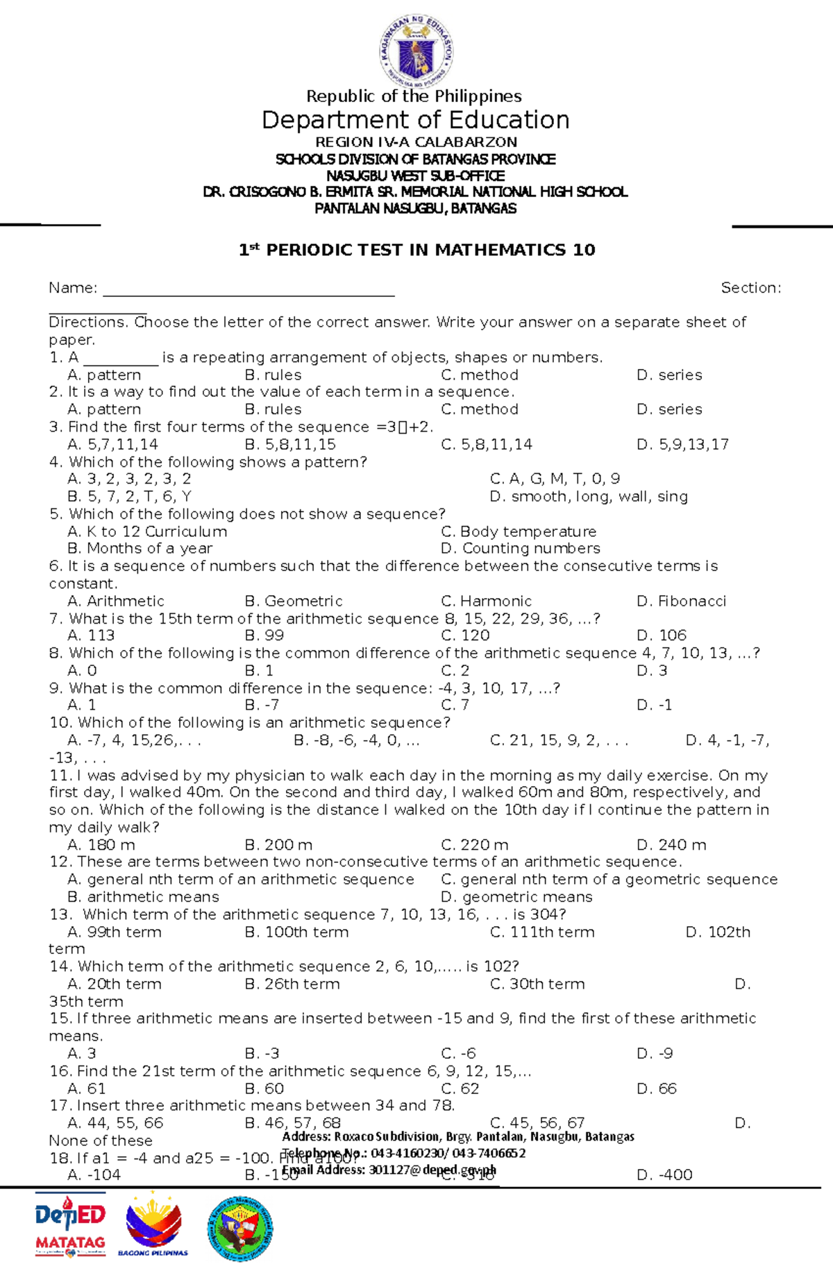 EXAM PT1 - nmvvv - Address: Roxaco Subdivision, Brgy. Pantalan, Nasugbu ...