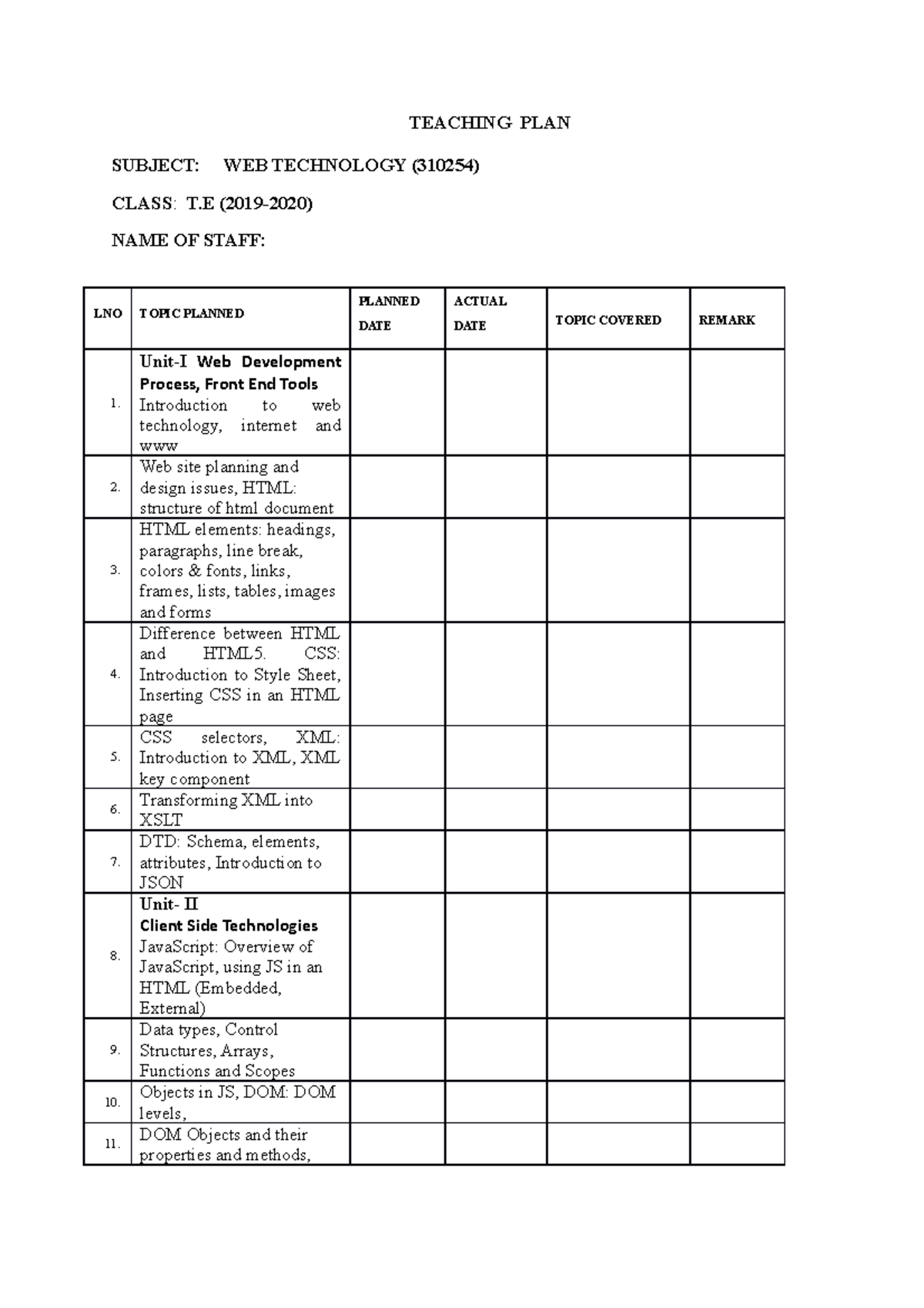 TP WT third year - TEACHING PLAN SUBJECT: WEB TECHNOLOGY (310254) CLASS ...