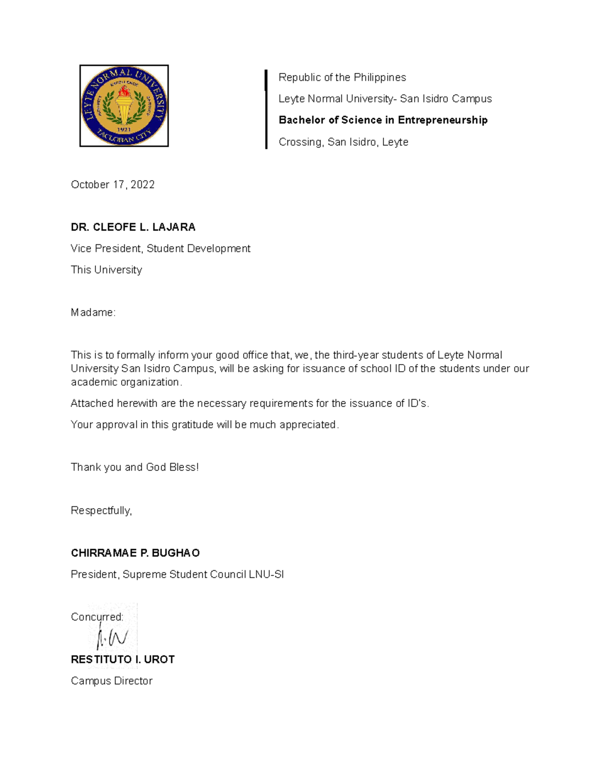 Letter-FOR-ID-new (BSEN 3A) - Republic of the Philippines Leyte Normal ...