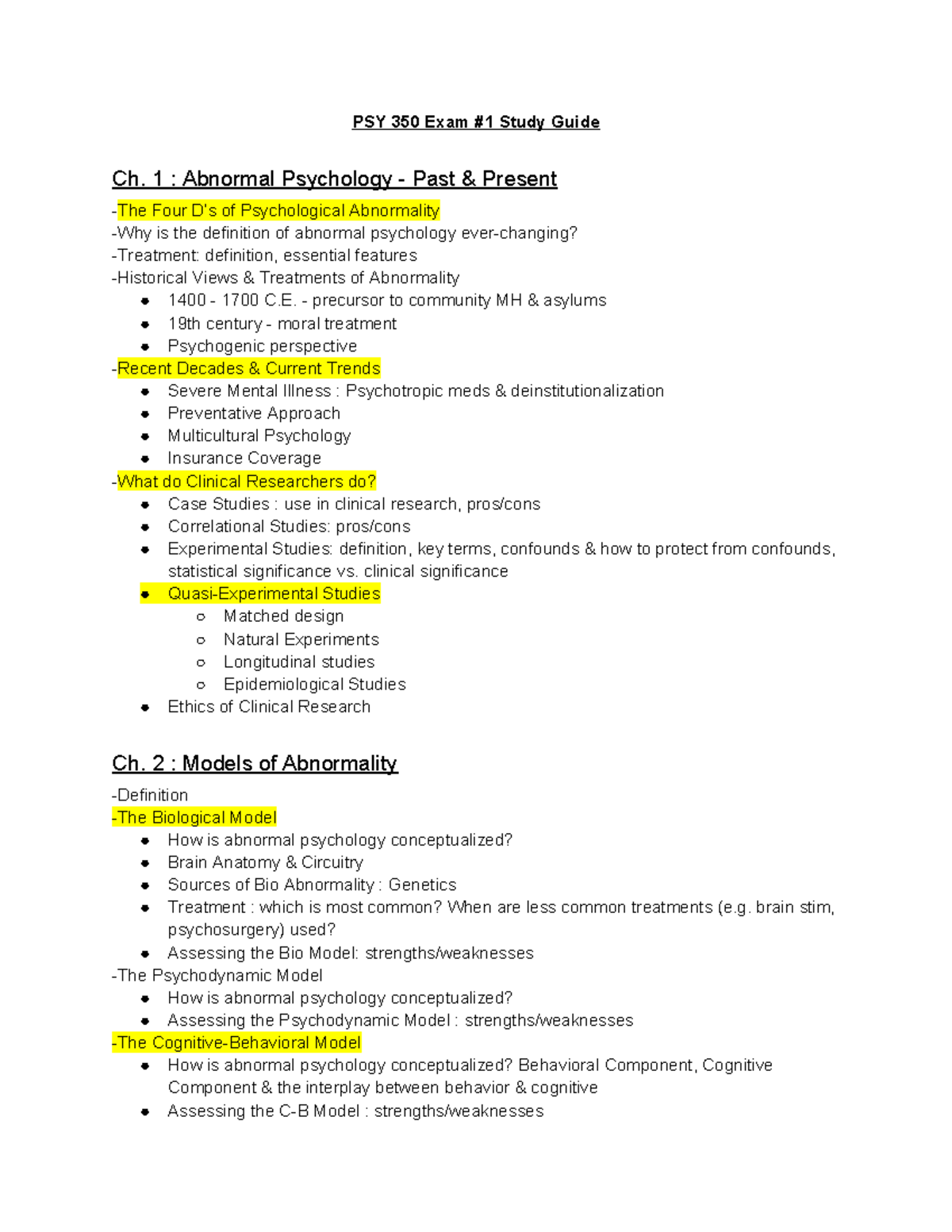 Exam #1 Study Guide - PSY 350 Exam #1 Study Guide Ch. 1 : Abnormal ...