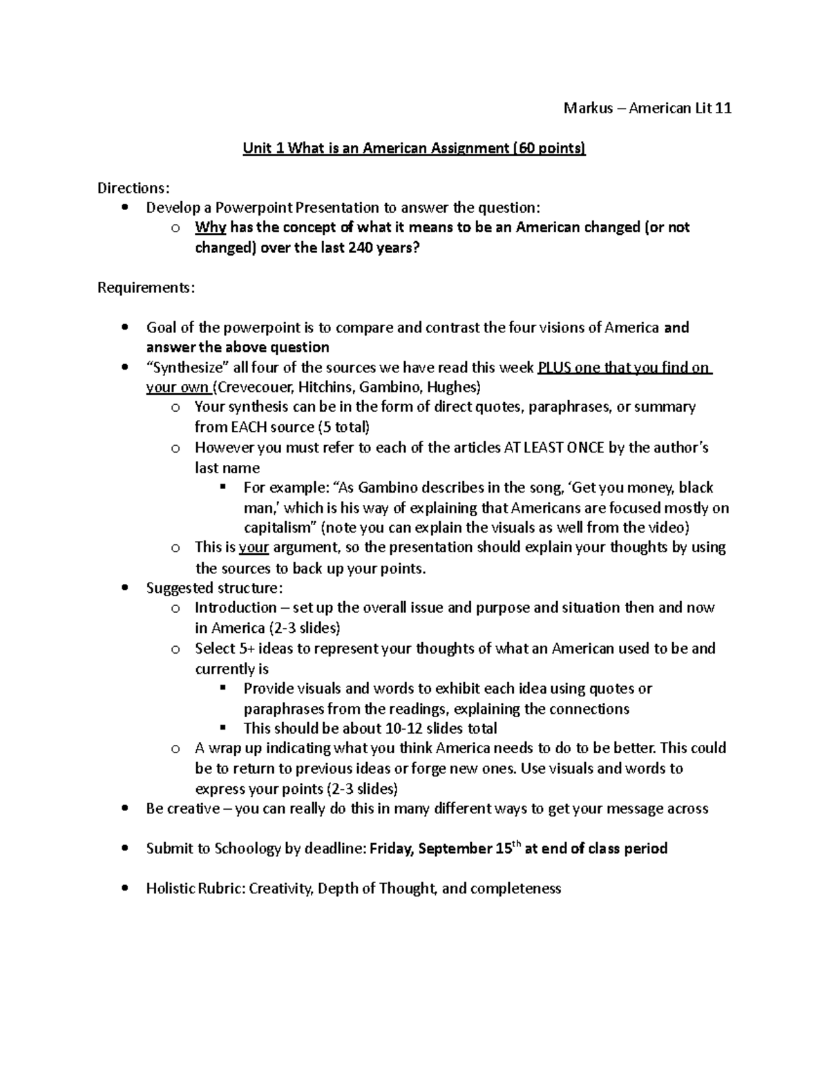 Whatisamericanpowerpoint assmt - Markus – American Lit 11 Unit 1 What ...