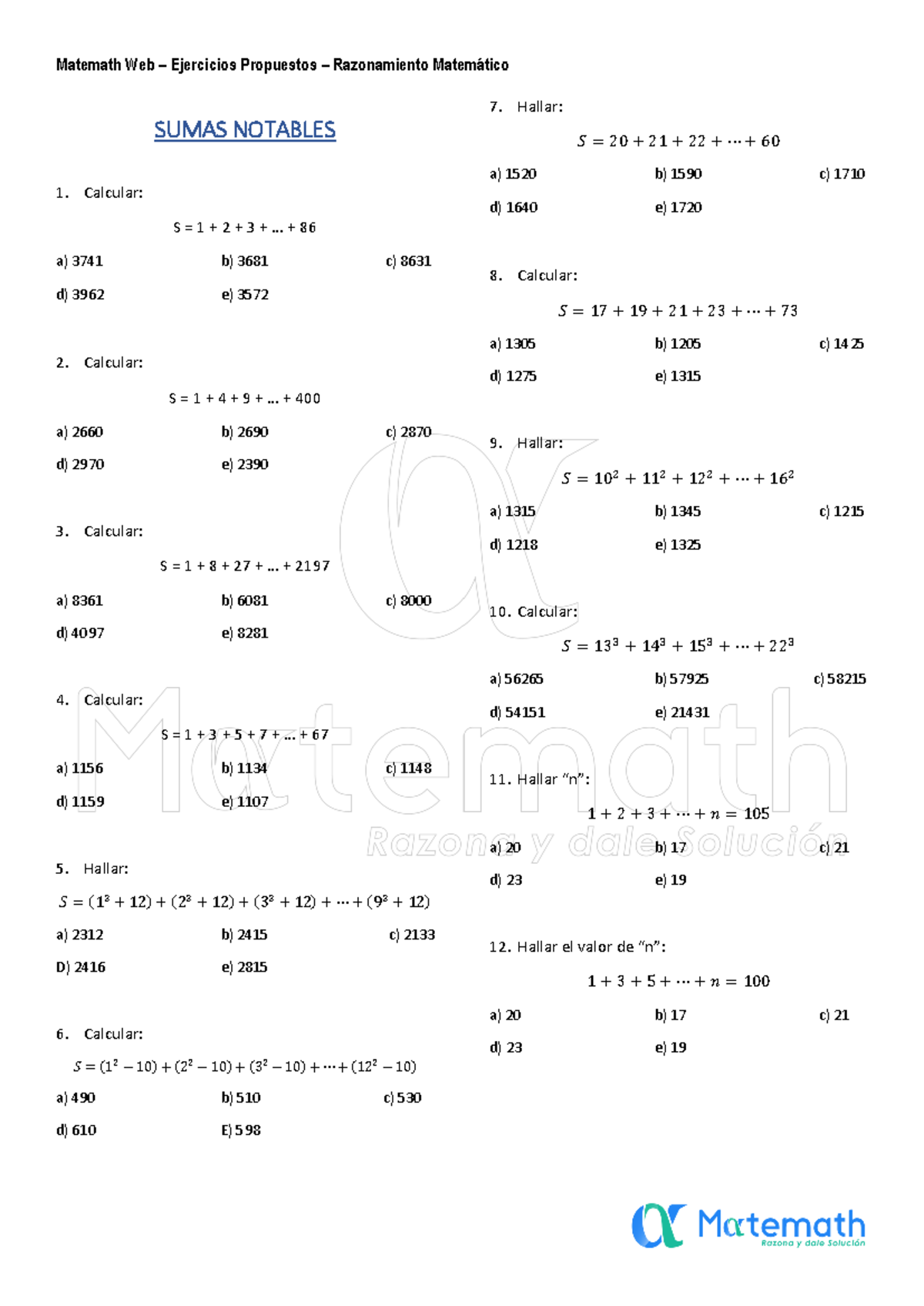 406732451 Sumas Notables Nivel 1 Parte 1 - Matemath Web – Ejercicios Propuestos – Razonamiento ...
