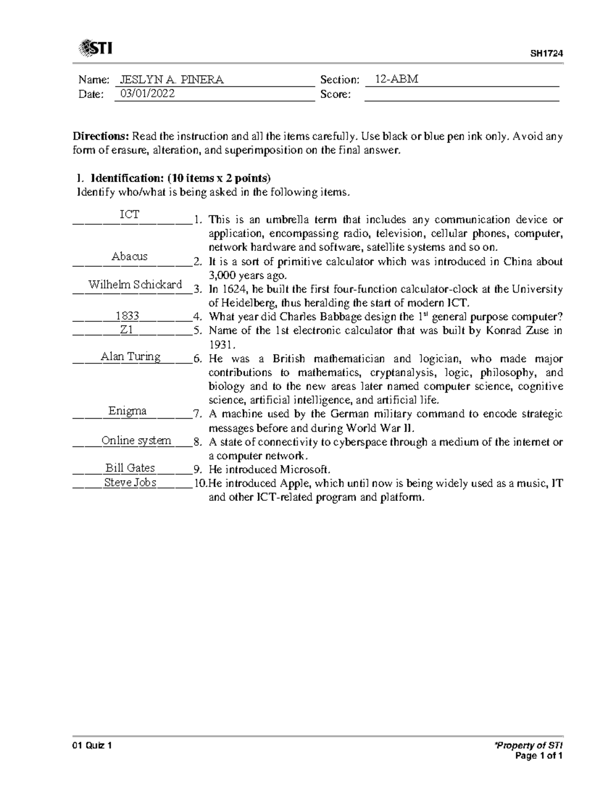 01 Quiz 1 Practice Quiz - SH 01 Quiz 1 *Property of STI Page 1 of 1 ...