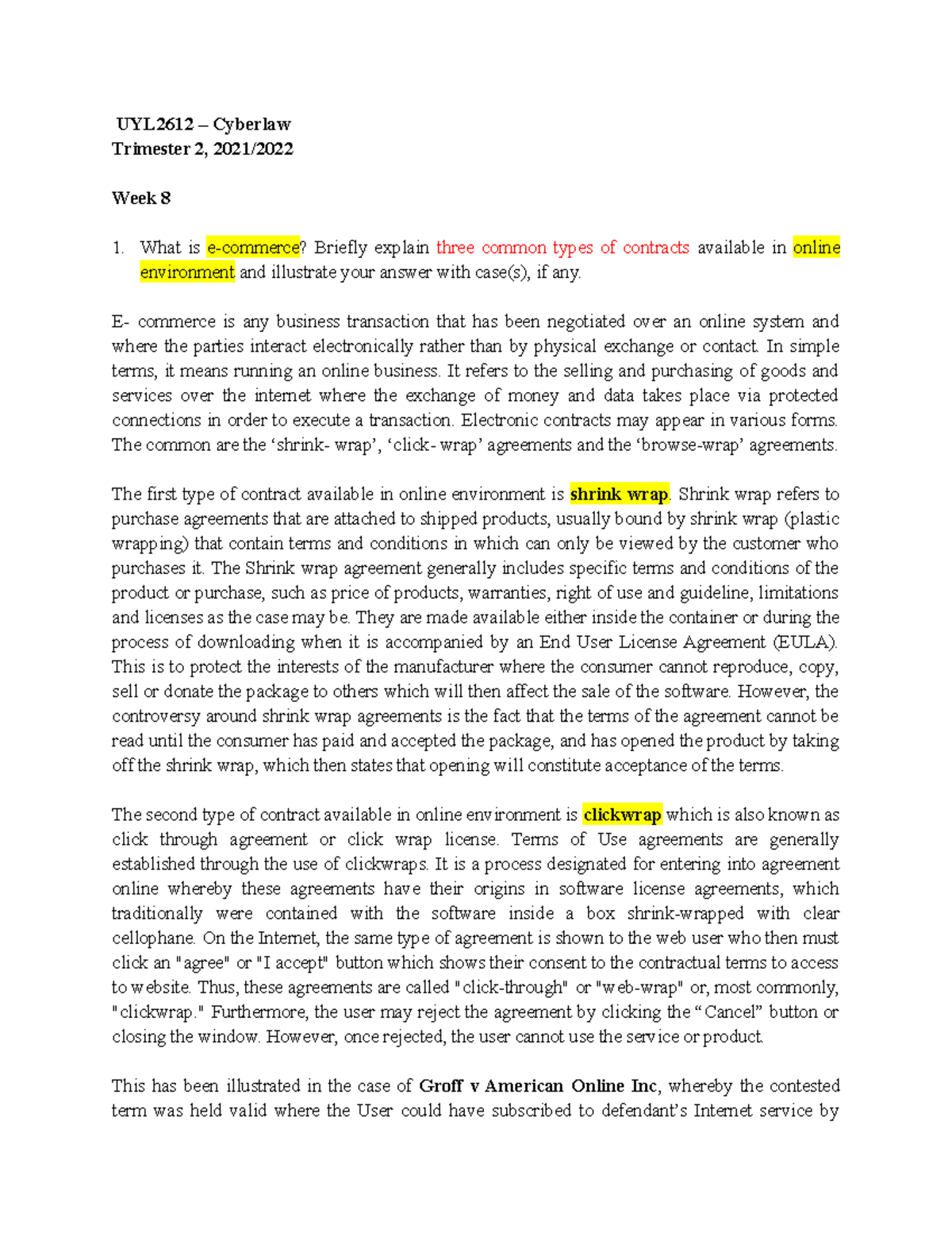 Tuto 8 topic 5 - Tutorial 8 Chapter 5 sample answers - UYL2612 – Cyberlaw Trimester 2, 2021 ...