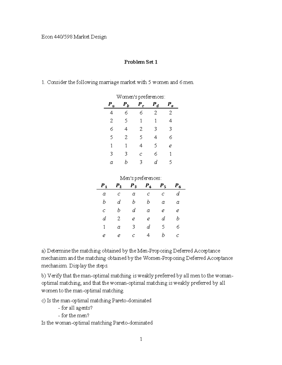 498 Problem set 1 - econ 440 - 1 Econ 440/598 Market Design Problem Set 1 Consider the following ...