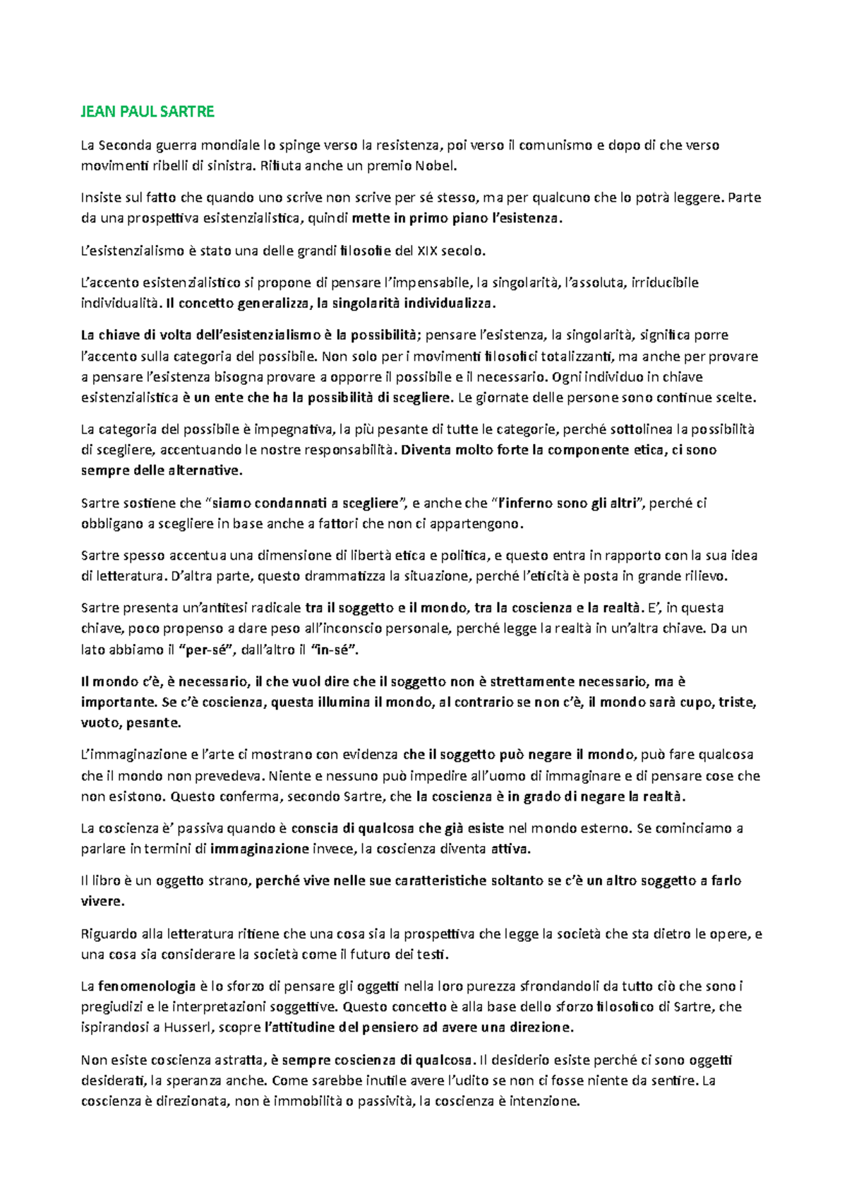 Prof. Turchetta - Appunti Jean Paul Sartre - JEAN PAUL SARTRE La ...