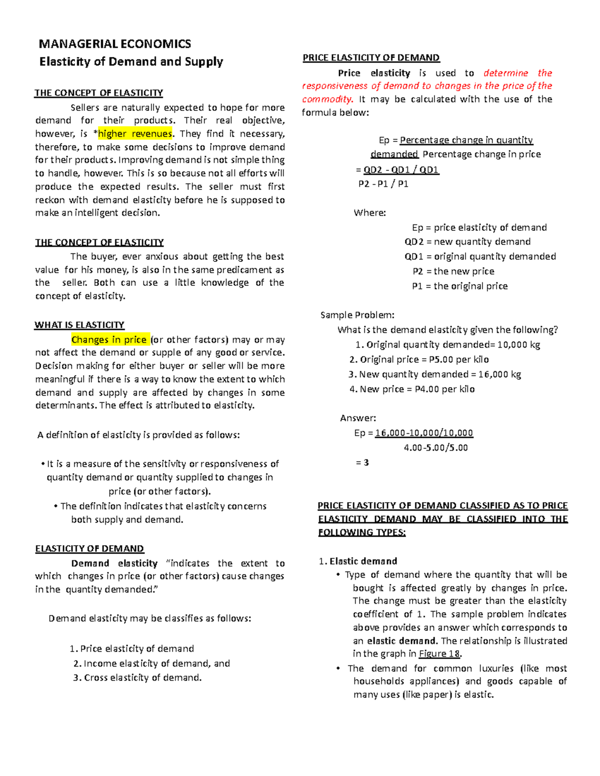 Elasticity of Demand and Supply - MANAGERIAL ECONOMICS Elasticity of ...