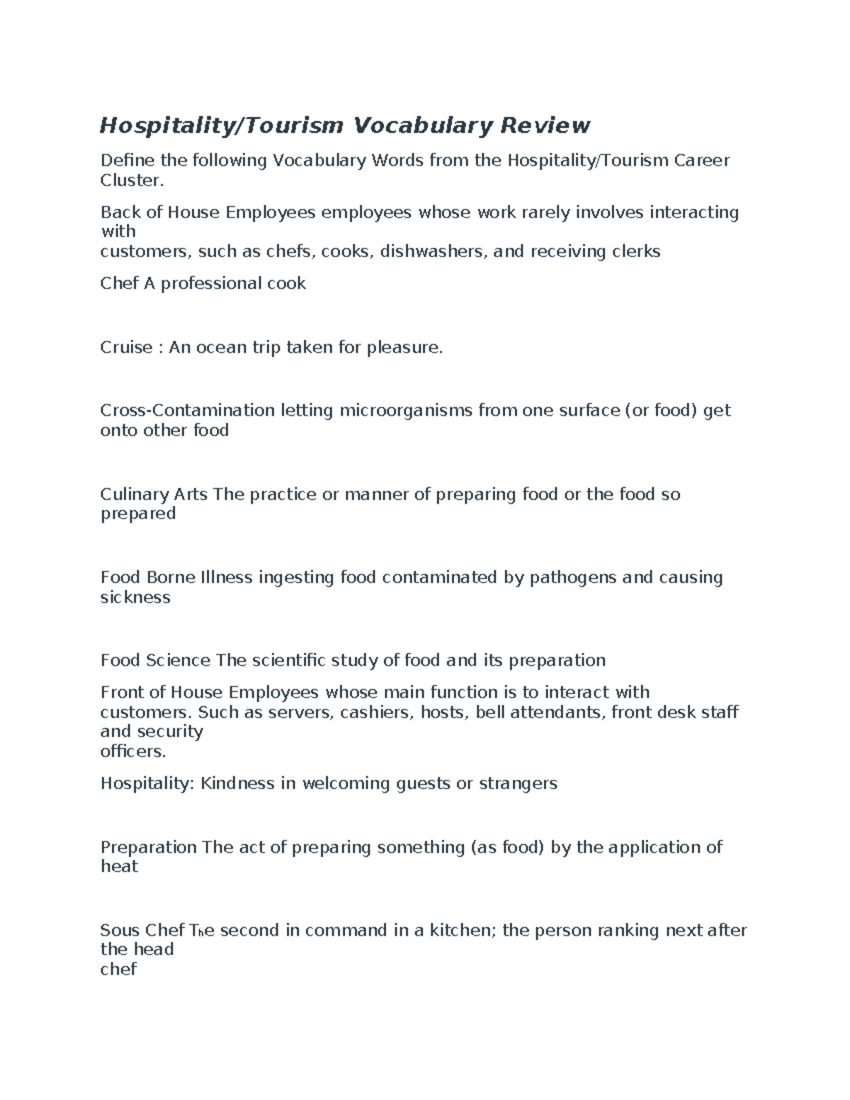 Hospitality Vocab - Hospitality/Tourism Vocabulary Review Define the ...