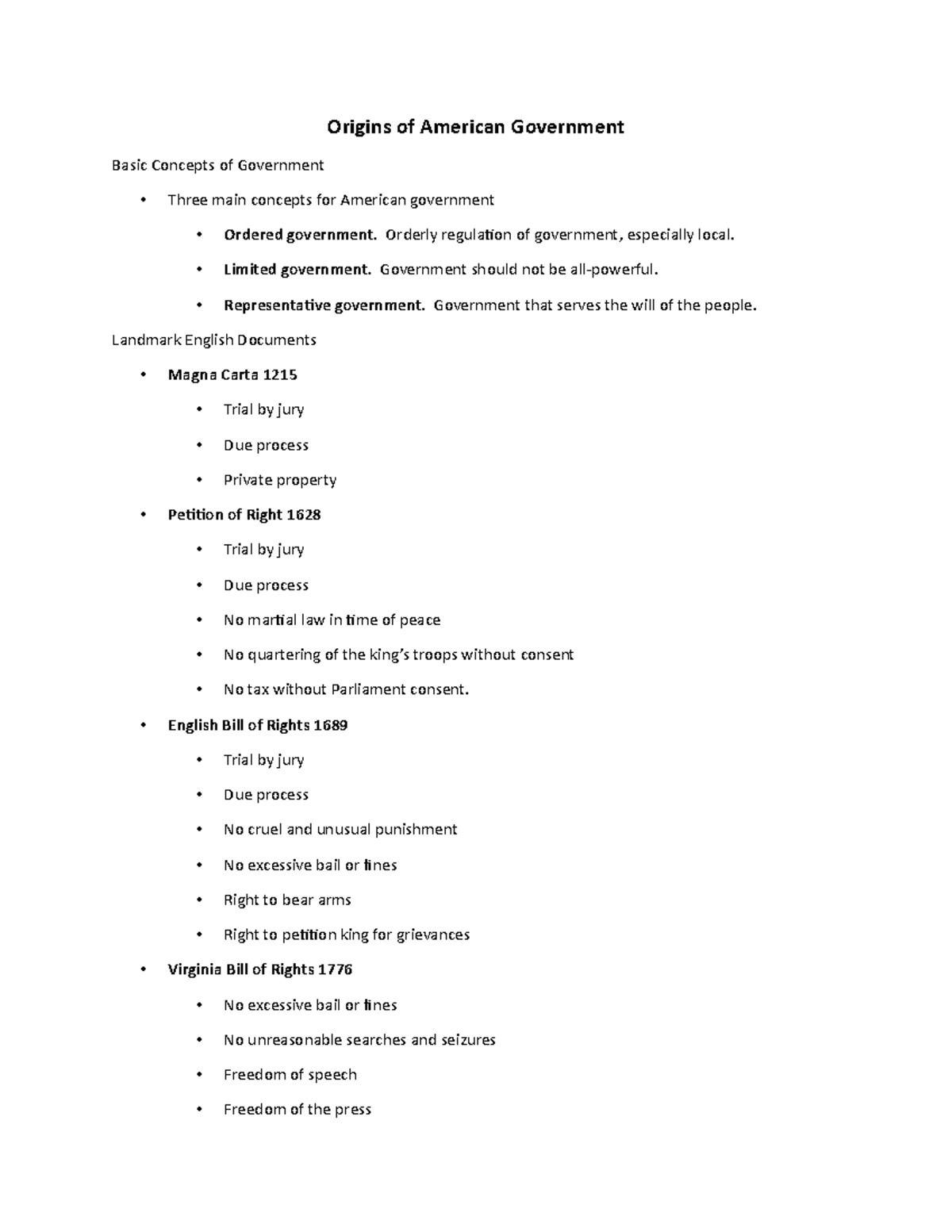 Landmark Gov't Documents - Origins of American Government Basic ...