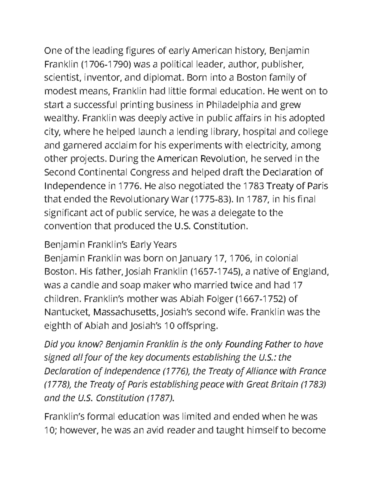 Benjamin Franklin - Lecture Notes - One of the leading figures of early ...