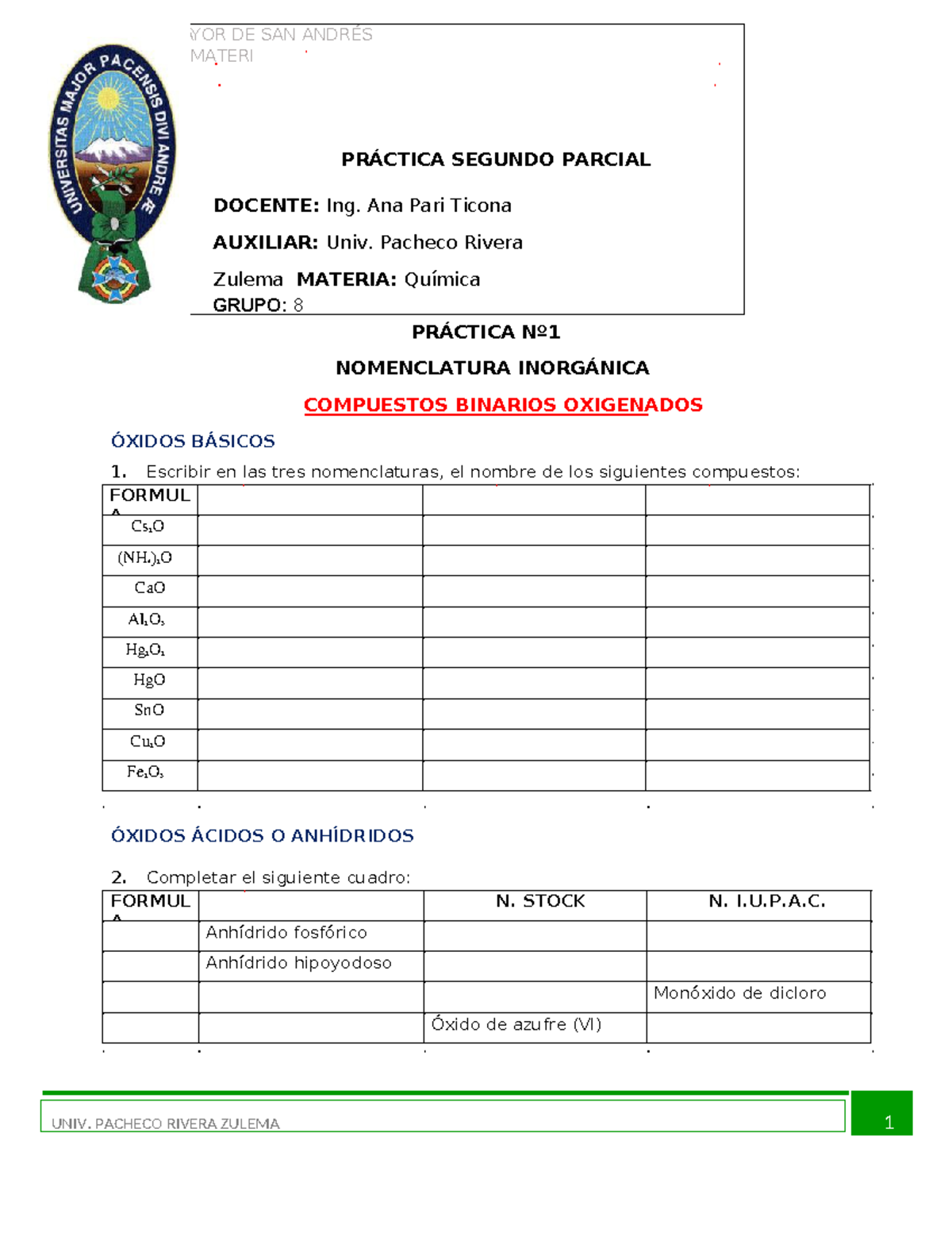 Práctica Nº1 Segundo Parcial - PRÁCTICA Nº NOMENCLATURA INORGÁNICA COMPUESTOS BINARIOS ...