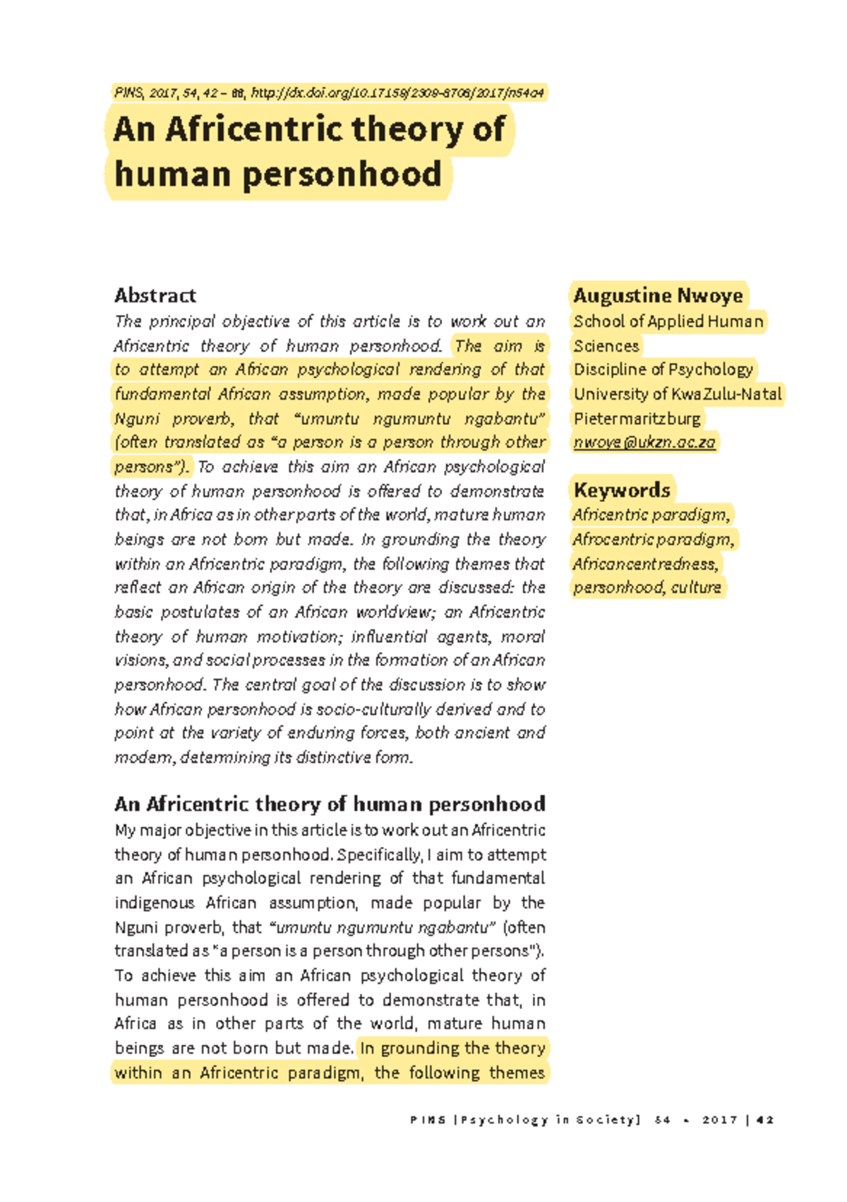 Afrocentric Theory of Personhood - P I N S [ P s y c h o l o g y i n S ...
