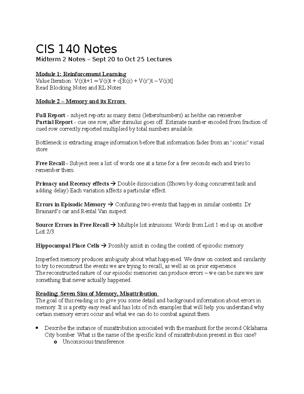 CIS 140 Notes - Summary COGS001 - CIS 140 Notes Midterm 2 Notes Sept 20 ...