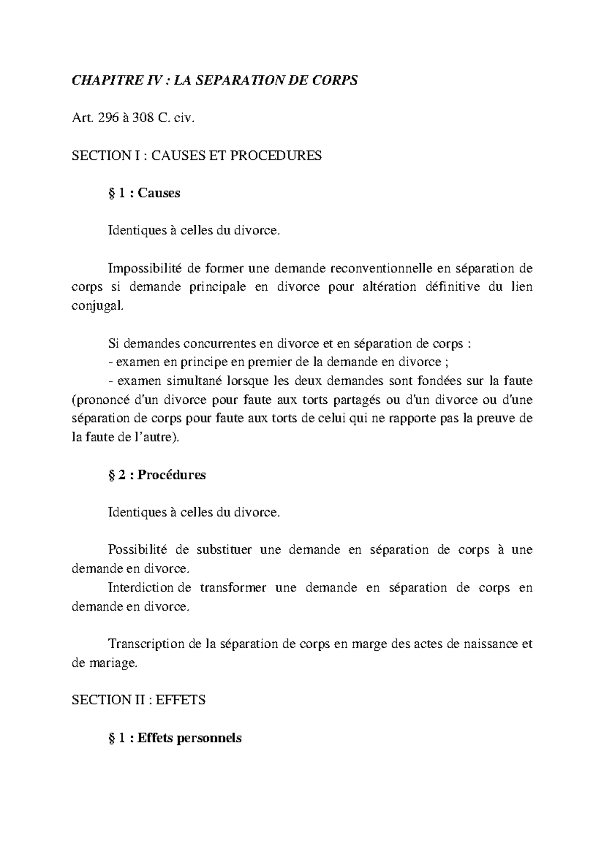 2023 TII Chap IV Séparation - CHAPITRE IV : LA SEPARATION DE CORPS Art ...