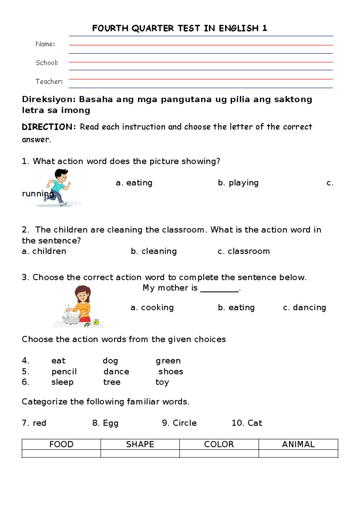 Fourth Quarter TEST IN English 1 - FOURTH QUARTER TEST IN ENGLISH 1 ...