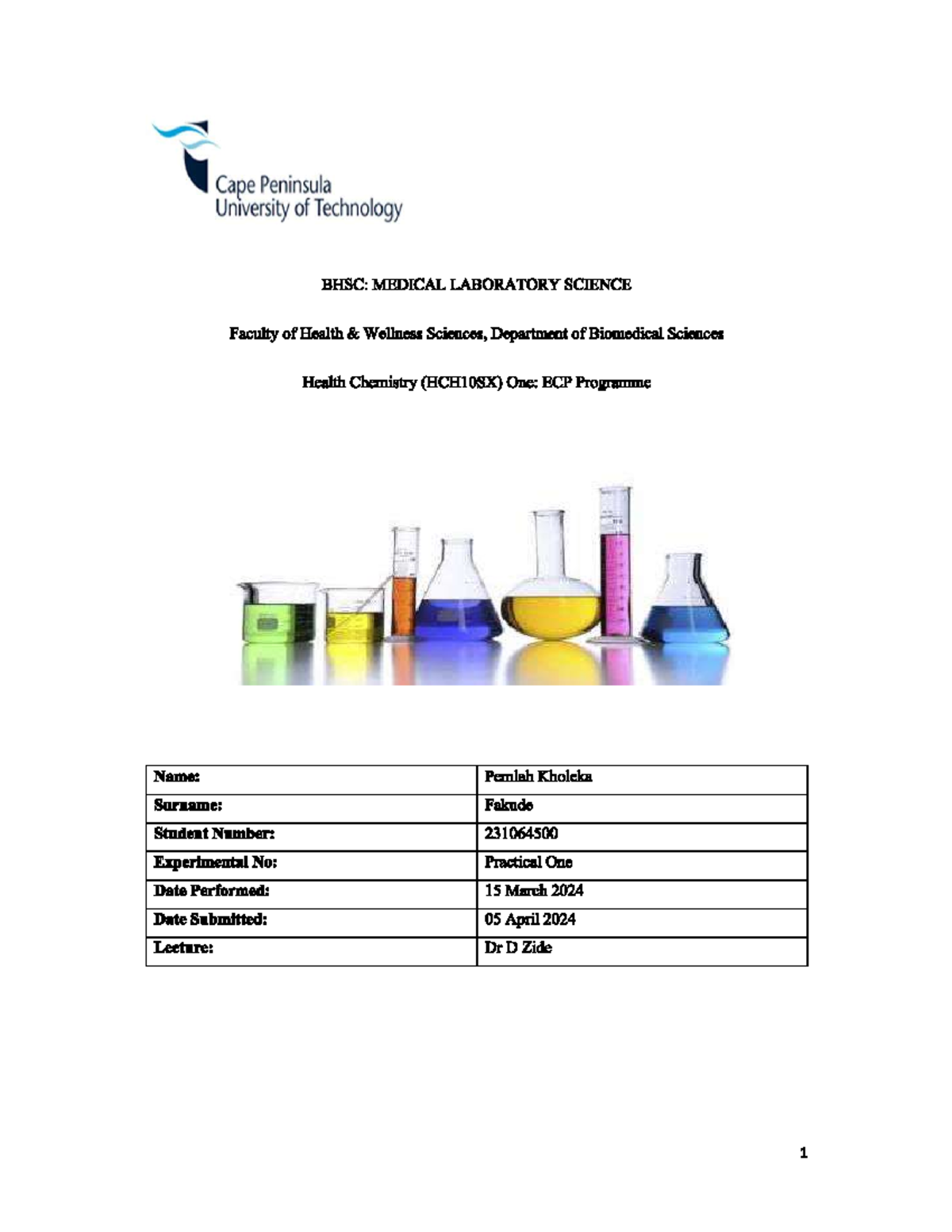 Chemistry practical 1 - Cape Peninsula University of Technology BHSC ...