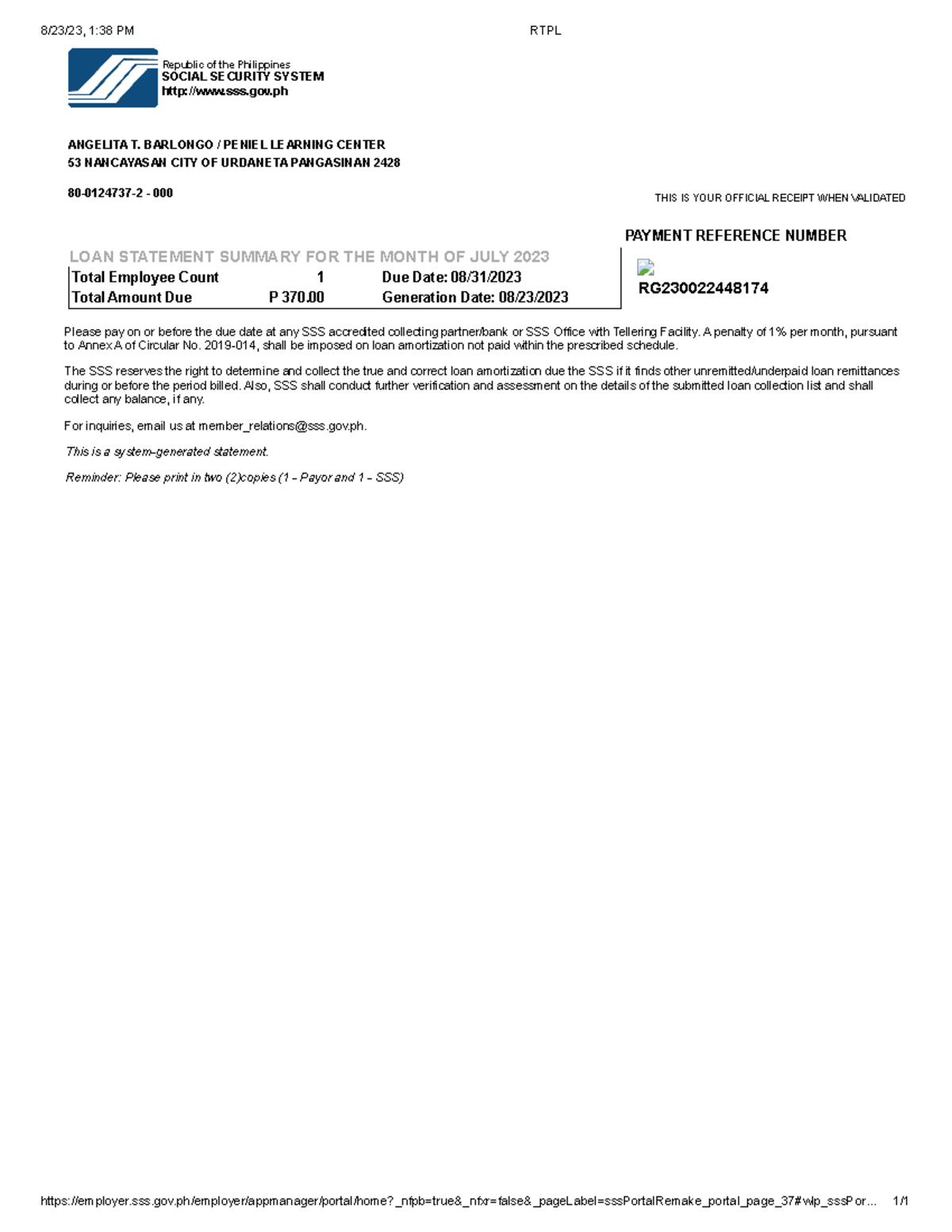 Republic of the Philippines Social Security System Employer - 8/23/23 ...