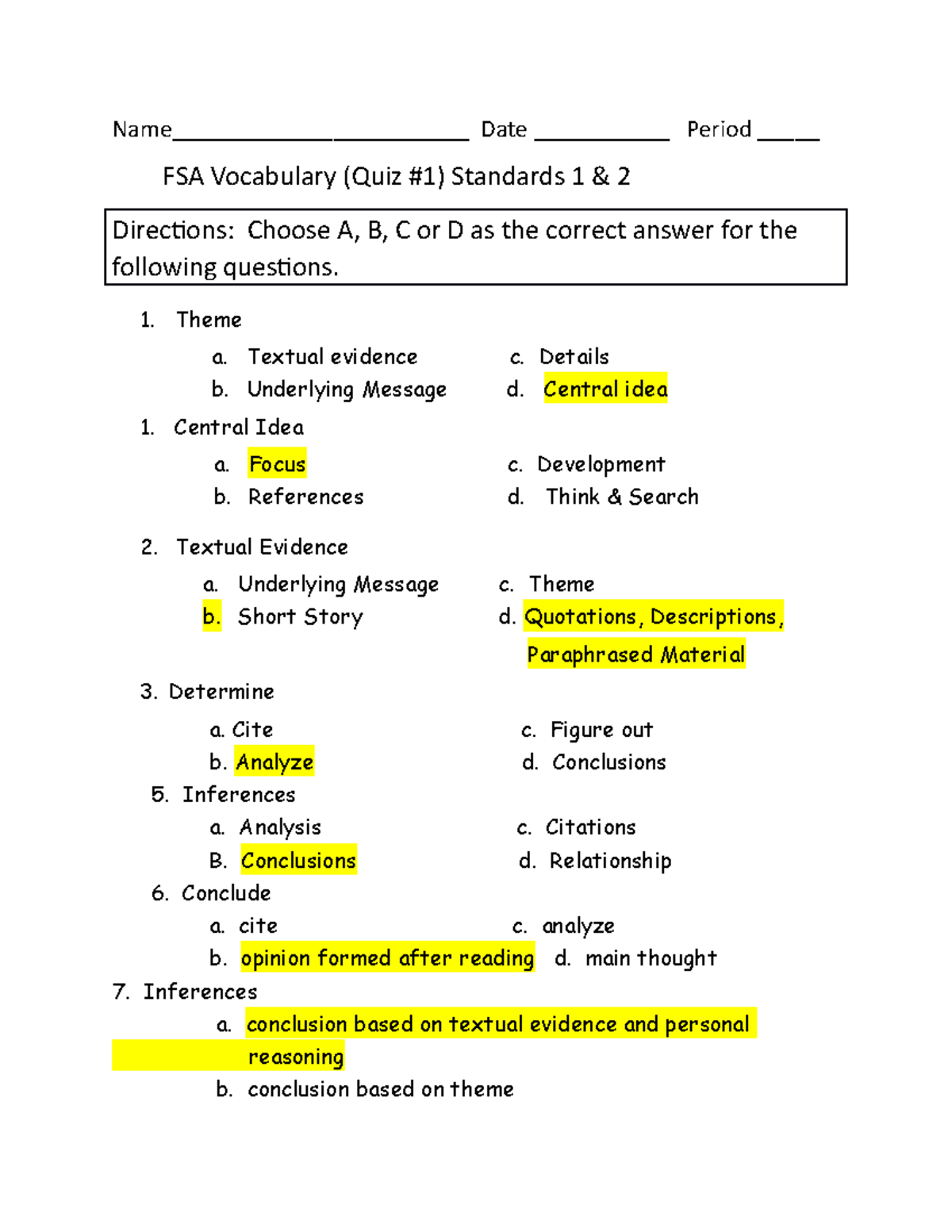 FSA Voc Standards 1 and 2 Quiz 1 Answered - Name ...