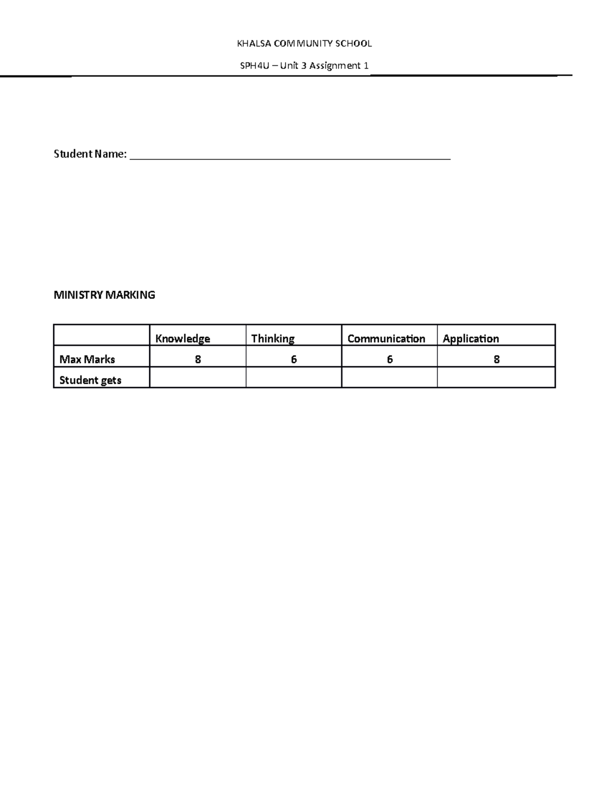 SPH4U Unit 3 Assignment - SPH4U – Unit 3 Assignment 1 Student Name ...