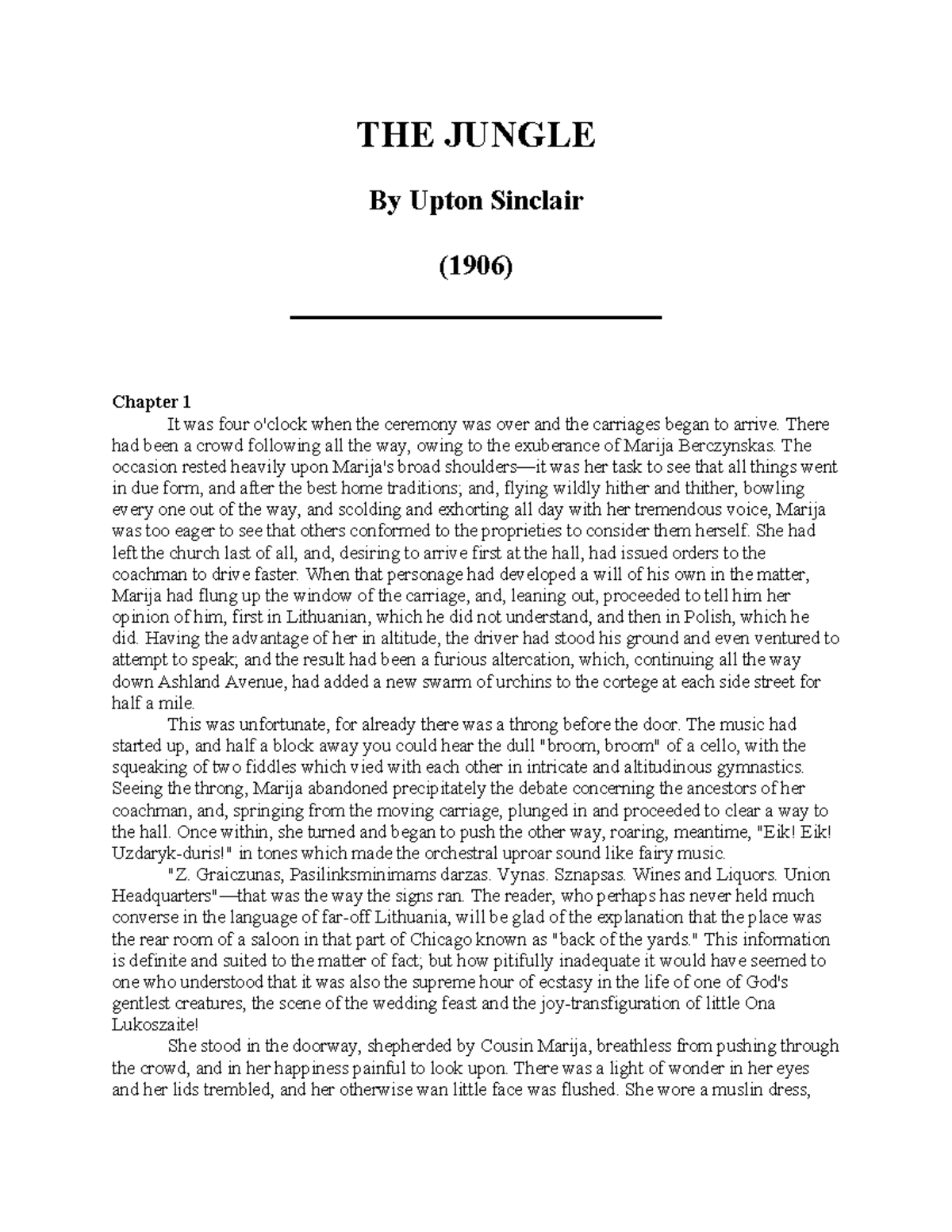 Usinclair +the jungle 1906 - THE JUNGLE By Upton Sinclair (1906 ...