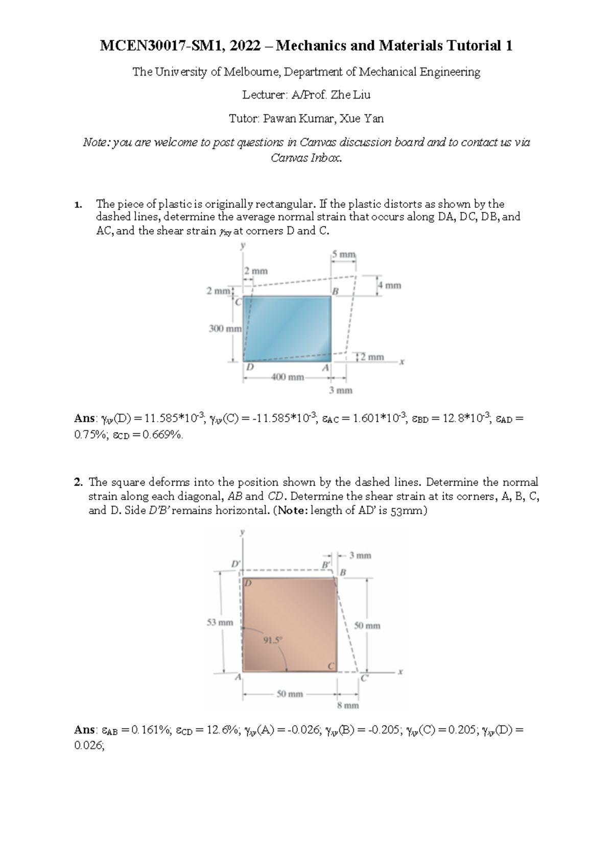 Tutorial 1 2021 SM2 v2 - MCEN30017-SM1, 20 22 – Mechanics and Materials ...