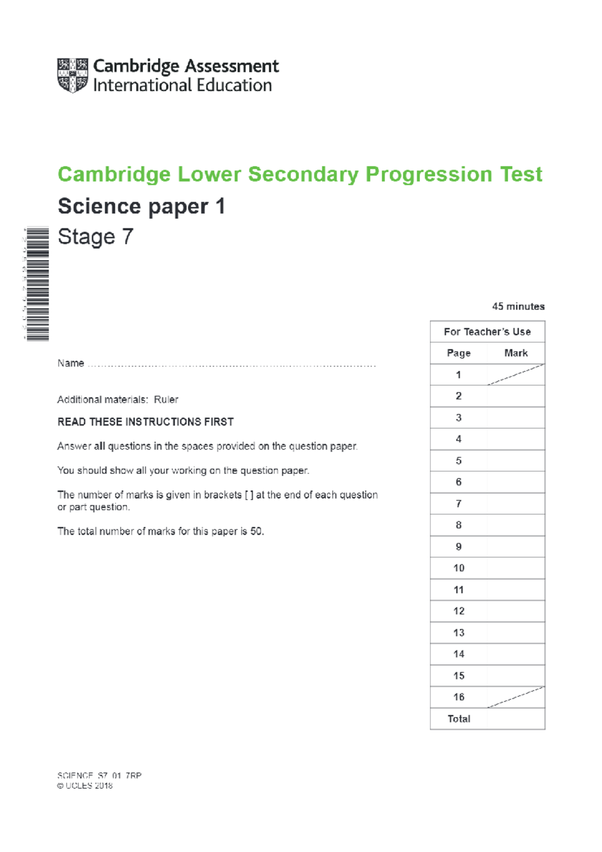 Cambridge Lower Secondary Progression Test - Science 2018 Stage 7 ...
