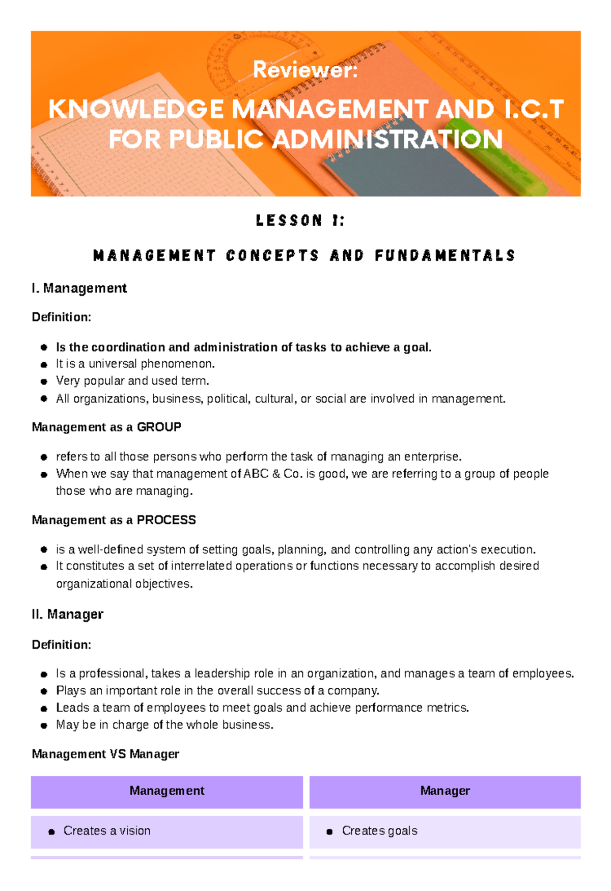 PAC 004 - Reviewer - L e s s o n 1 : m A N A G E M E N T C O N C E P T S A N D F U N D A M E N T ...