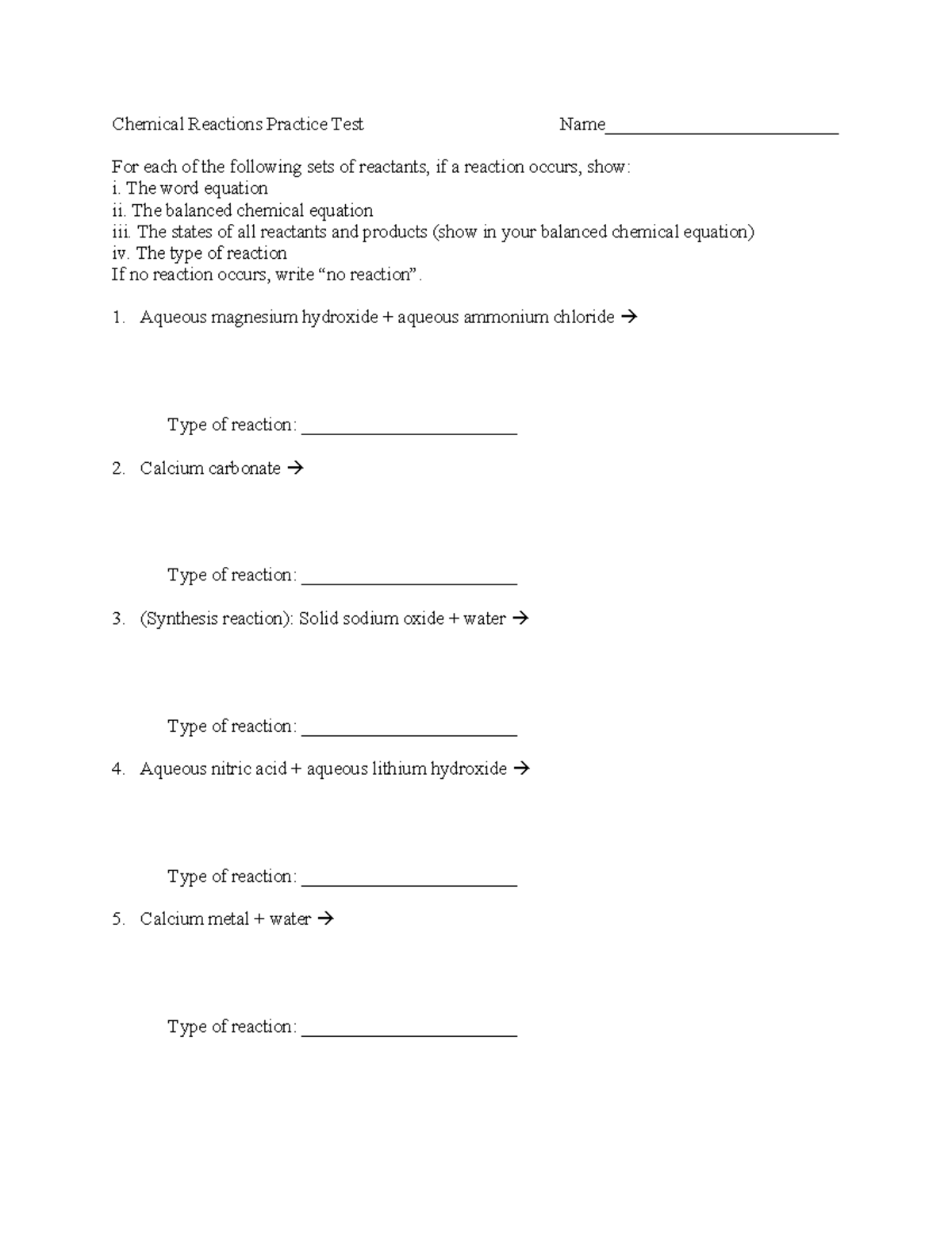 SCH3U%20U2%20Test%20Practice - Chemical Reactions Practice Test Name