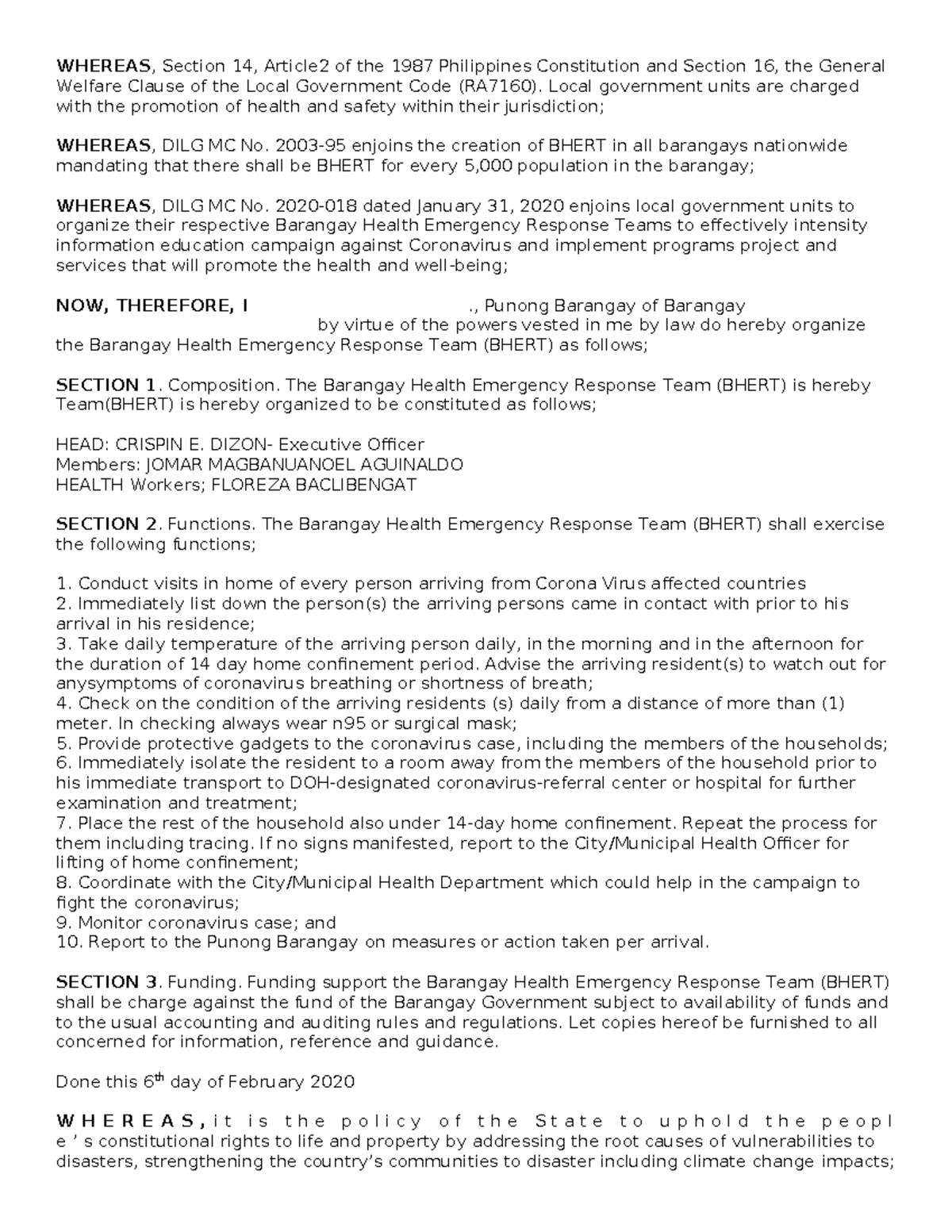 Eo - executive order - WHEREAS, Section 14, Article2 of the 1987 ...