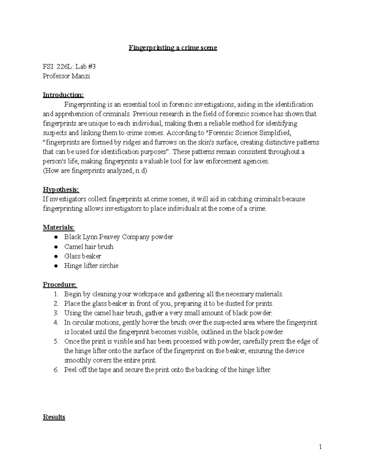 FSI 2226L Lab #3 - * - lab report - Fingerprinting a crime scene FSI ...