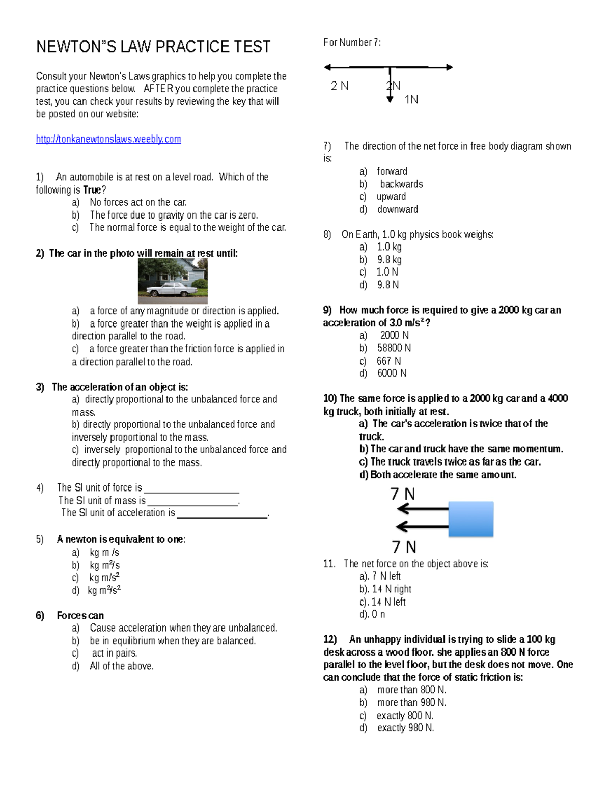 2015 newtons law practice test - NEWTON”S LAW PRACTICE TEST Consult ...
